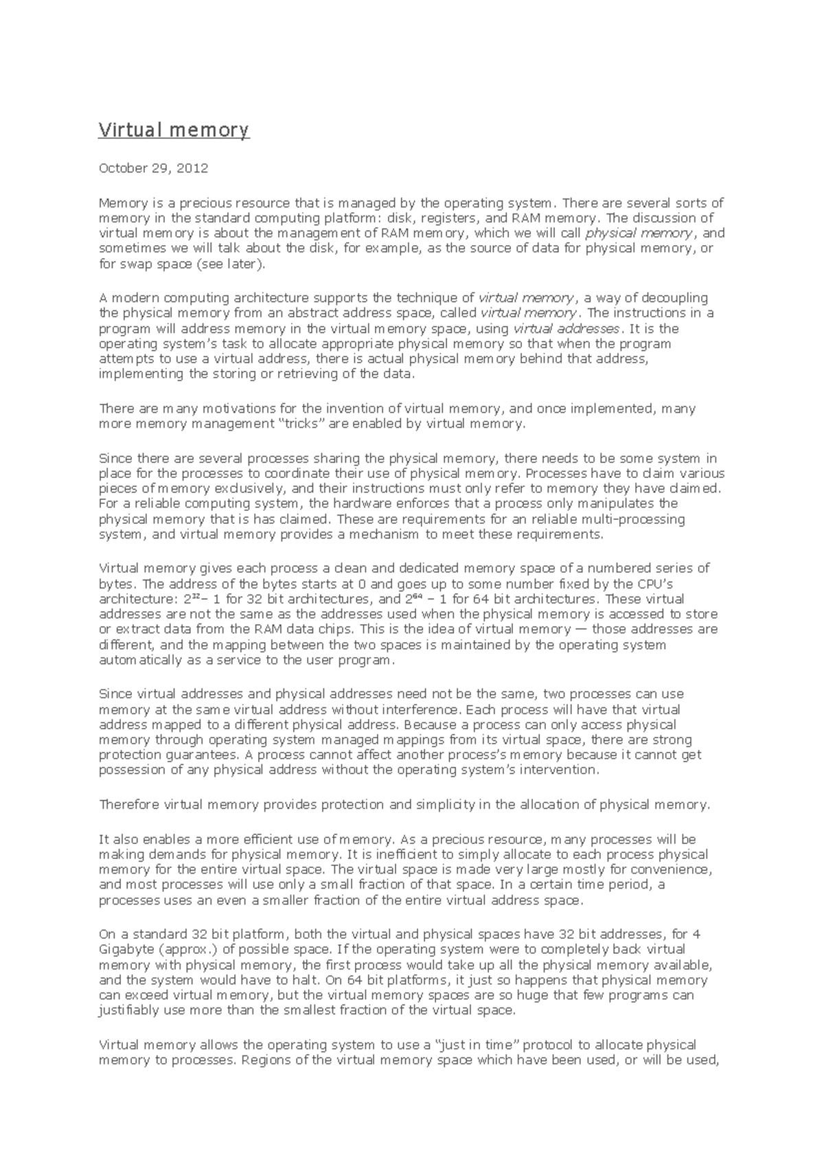 Virtual Memory 3 Notes Virtual Memory October 29 2012 Memory Is A Precious Resource That Is