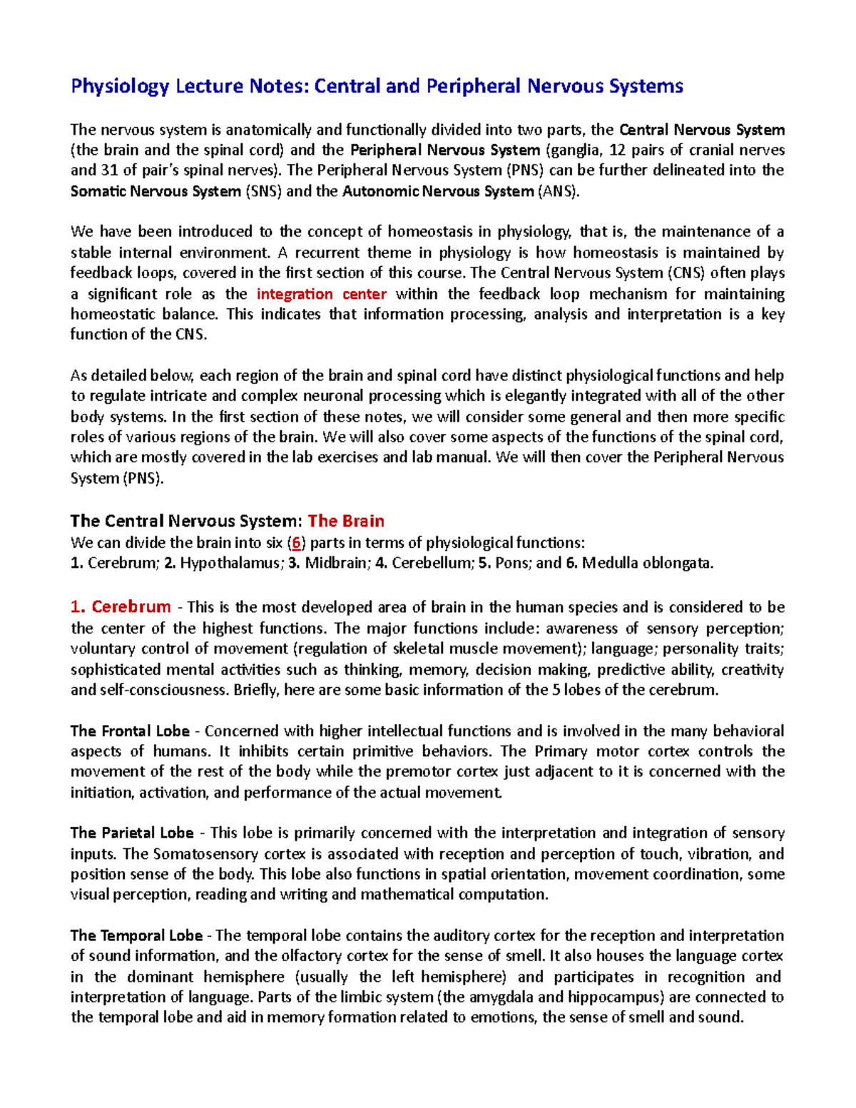 CNS PNS Physiol Notes - Physiology Lecture Notes: Central and ...