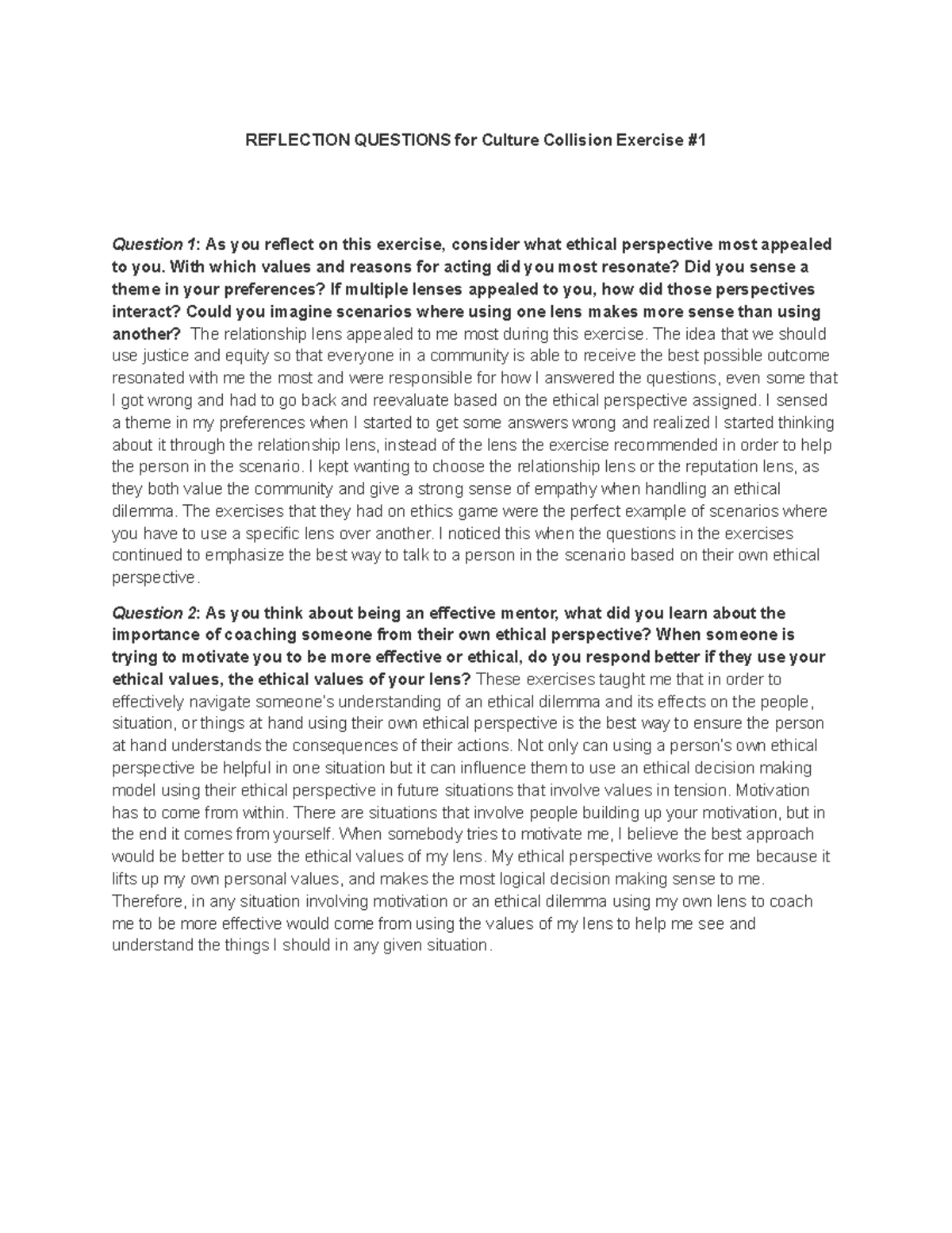 EDUC 526 Question Responses Culture Collision Exercise #1 - REFLECTION ...