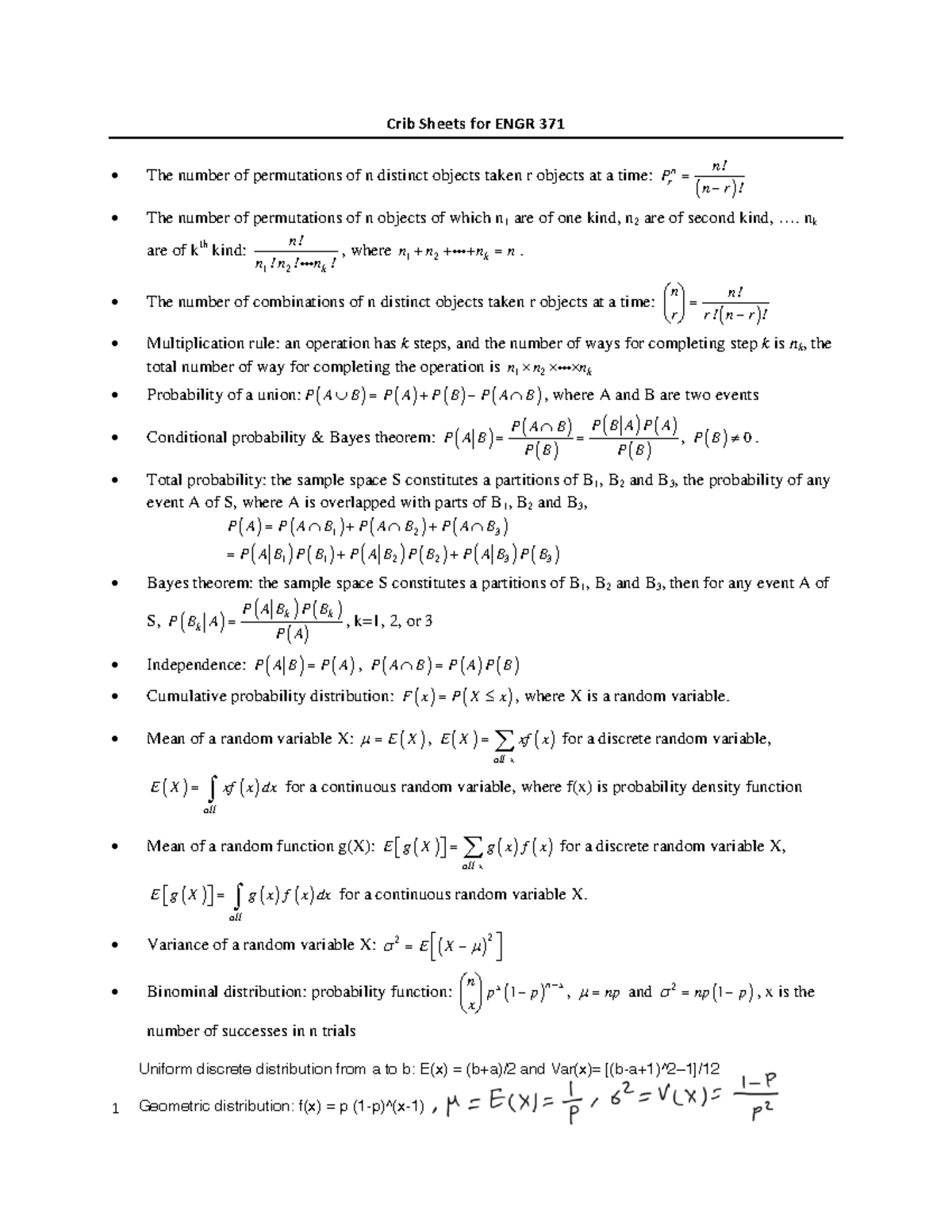 Cheat sheet ENGR 371 2024 - 1 Crib Sheets for ENGR 371 • The number of ...