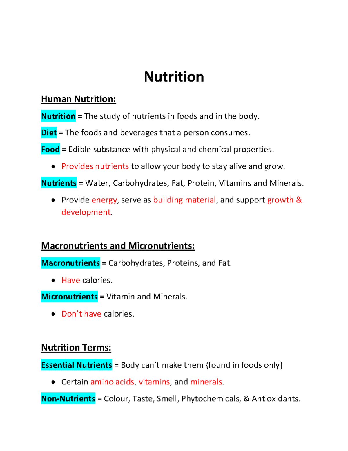 Foodnutr #1 - Nutrition Human Nutrition: Nutrition = The study of ...