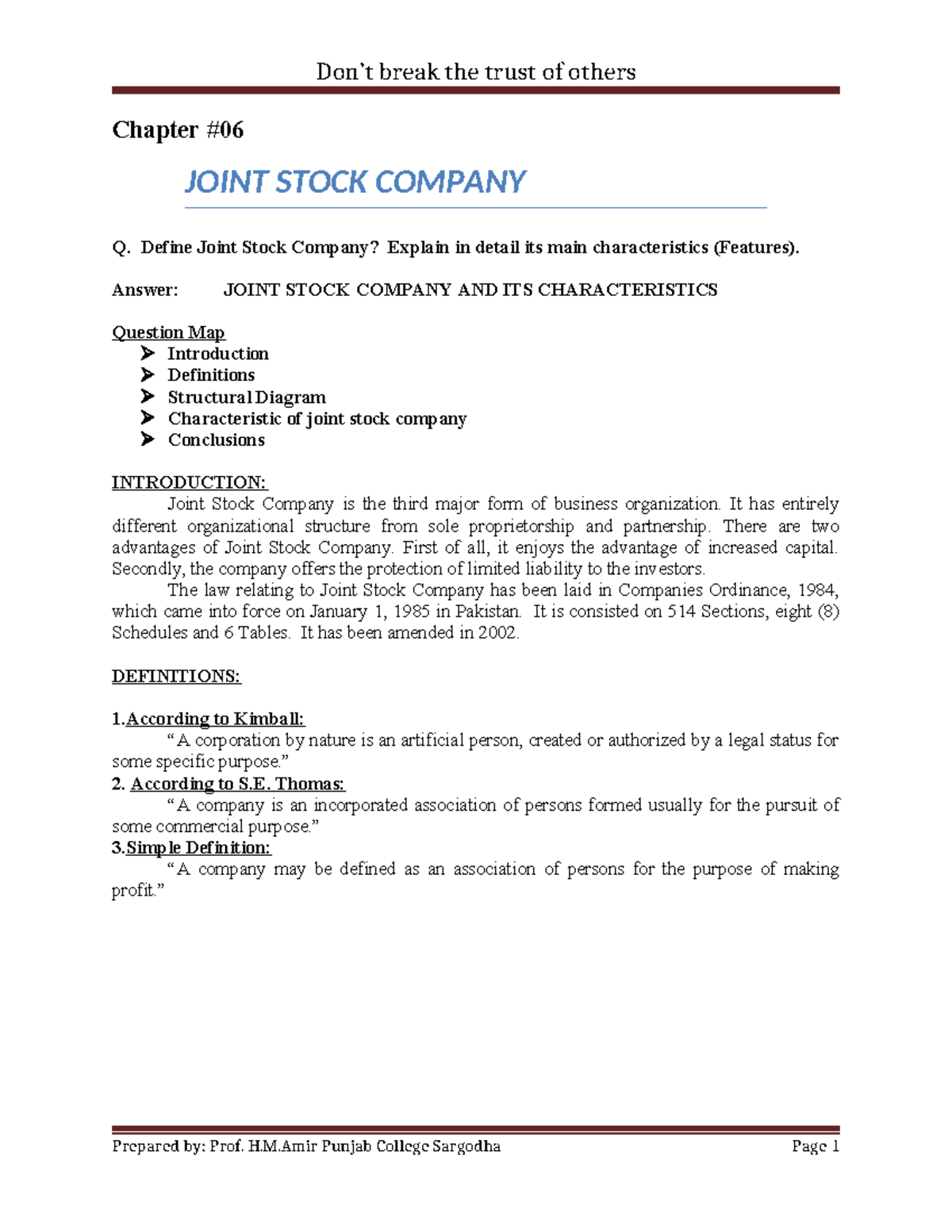 Characteristics - Chapter JOINT STOCK COMPANY Q. Define Joint Stock ...
