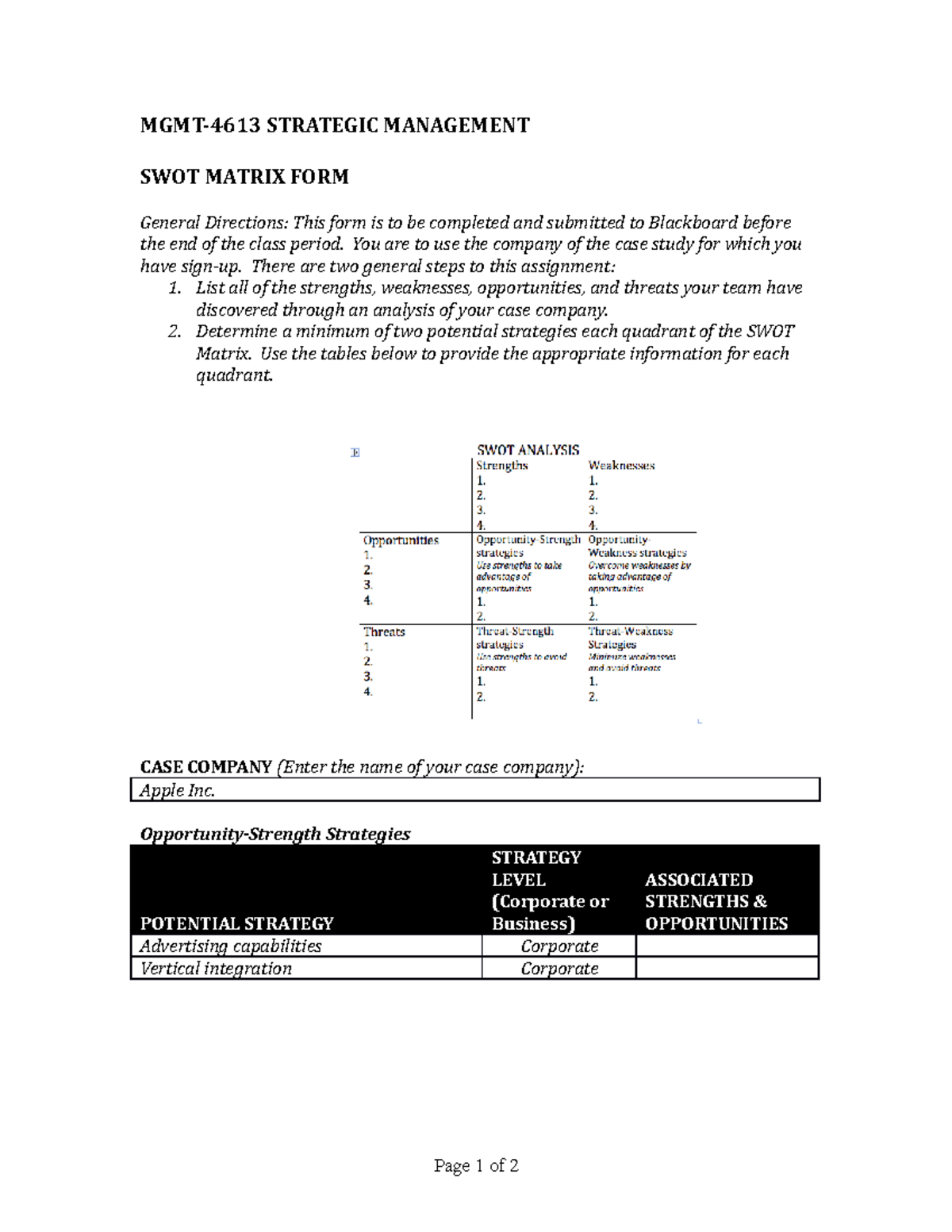 MGMT 4613 Strategic Management SWOT MATR - MGMT-4613 STRATEGIC ...