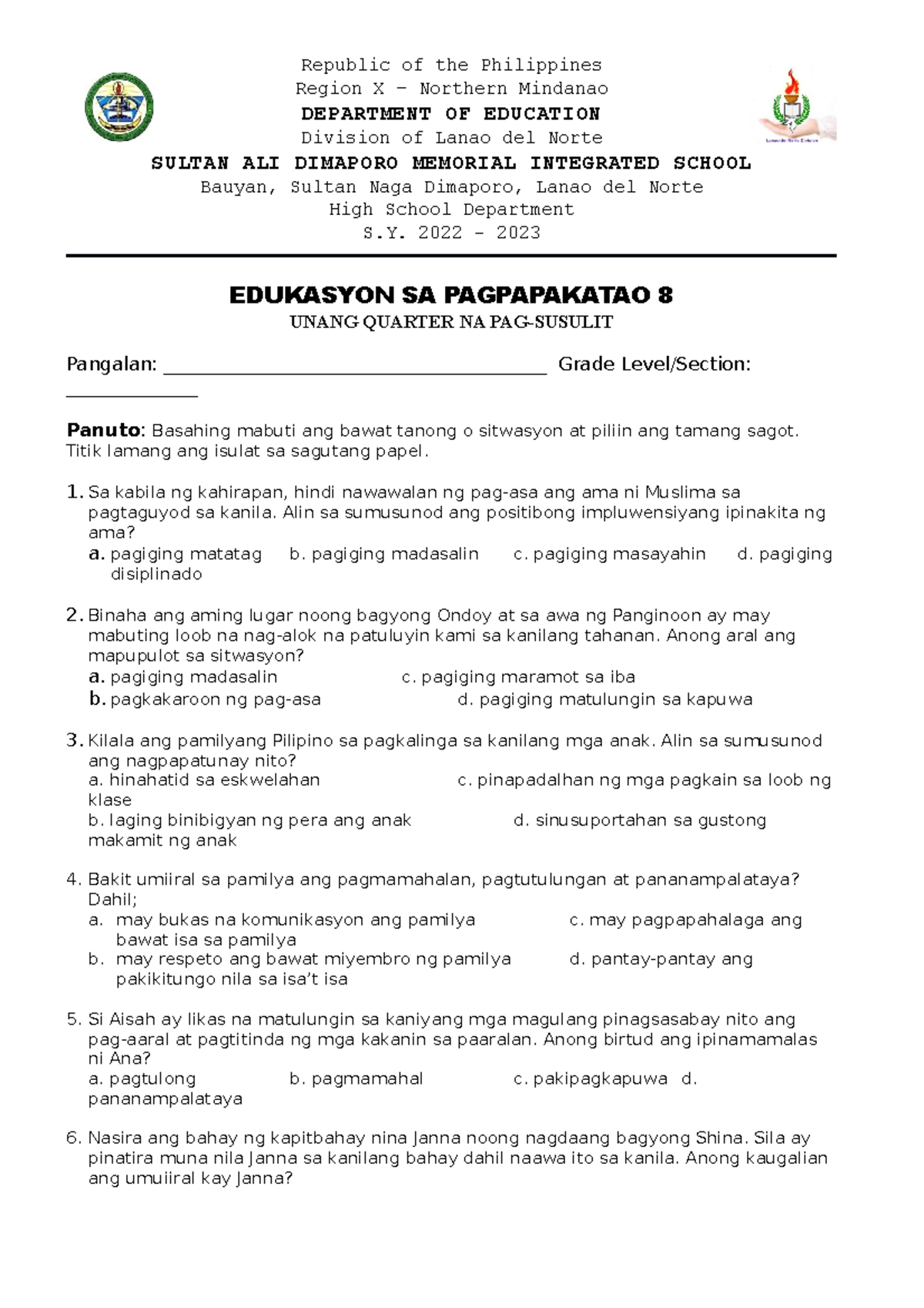 Q1-Exam ESP - First Quarter Assessment - Region X – Northern Mindanao ...