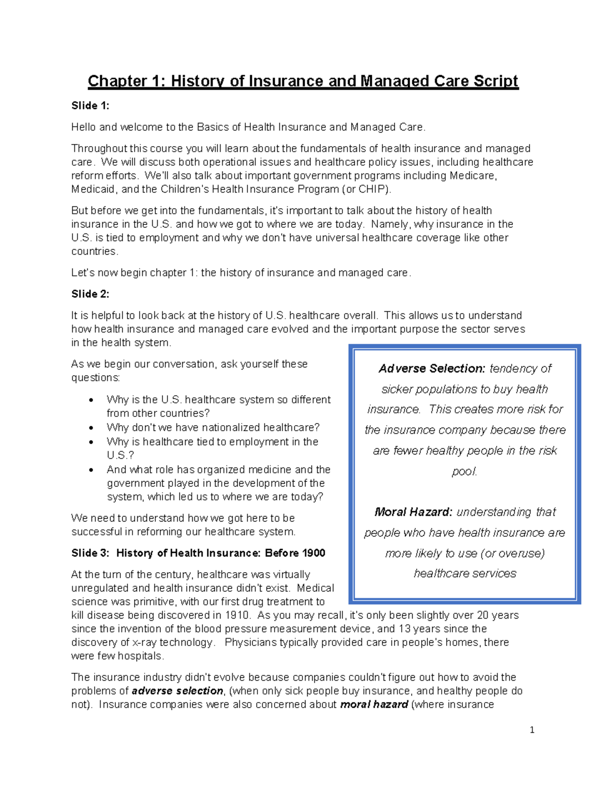 Chapter 1 Lecture Transcript Notes-1 - Chapter 1: History of Insurance ...