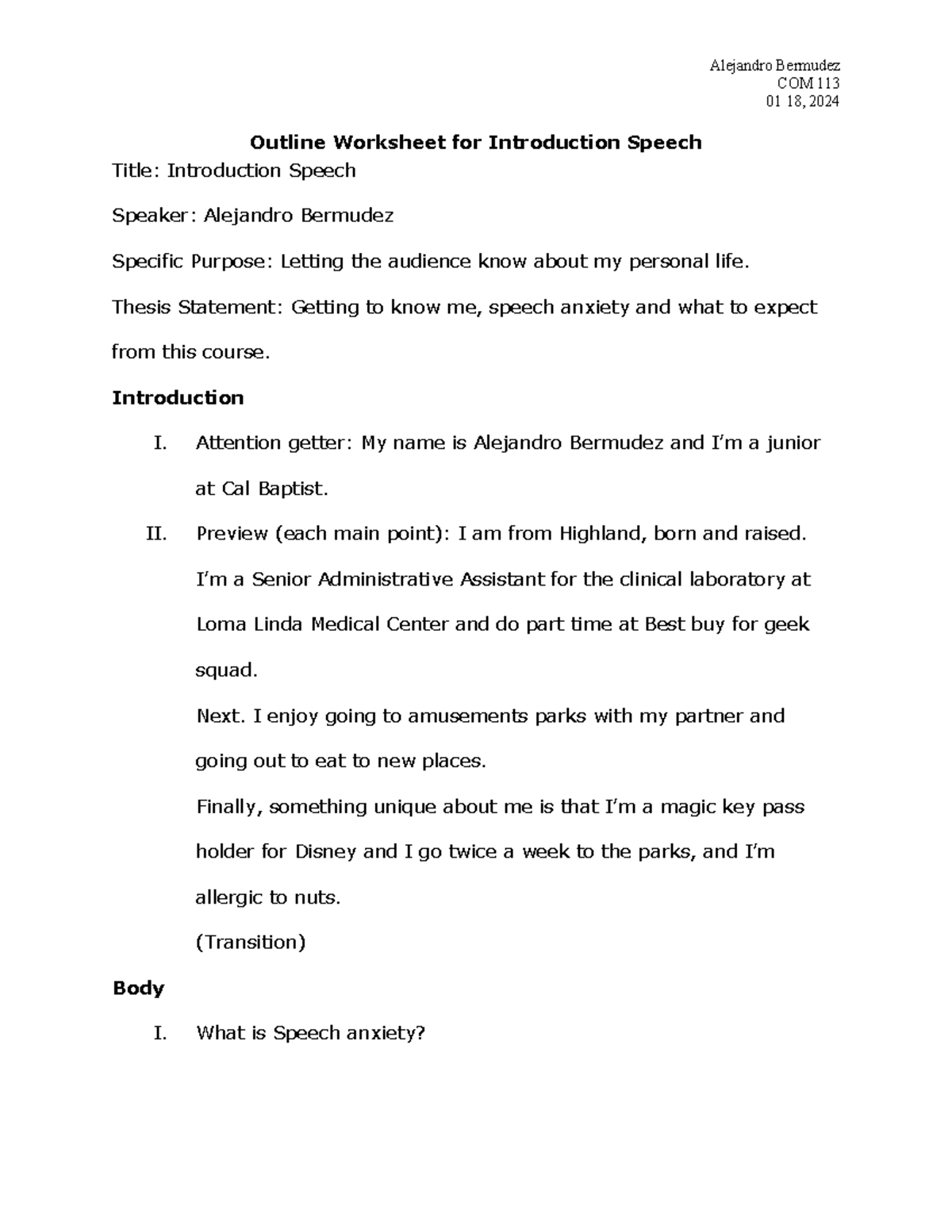 COM113 Introduction Speech Outline - Alejandro Bermudez COM 113 01 18 ...