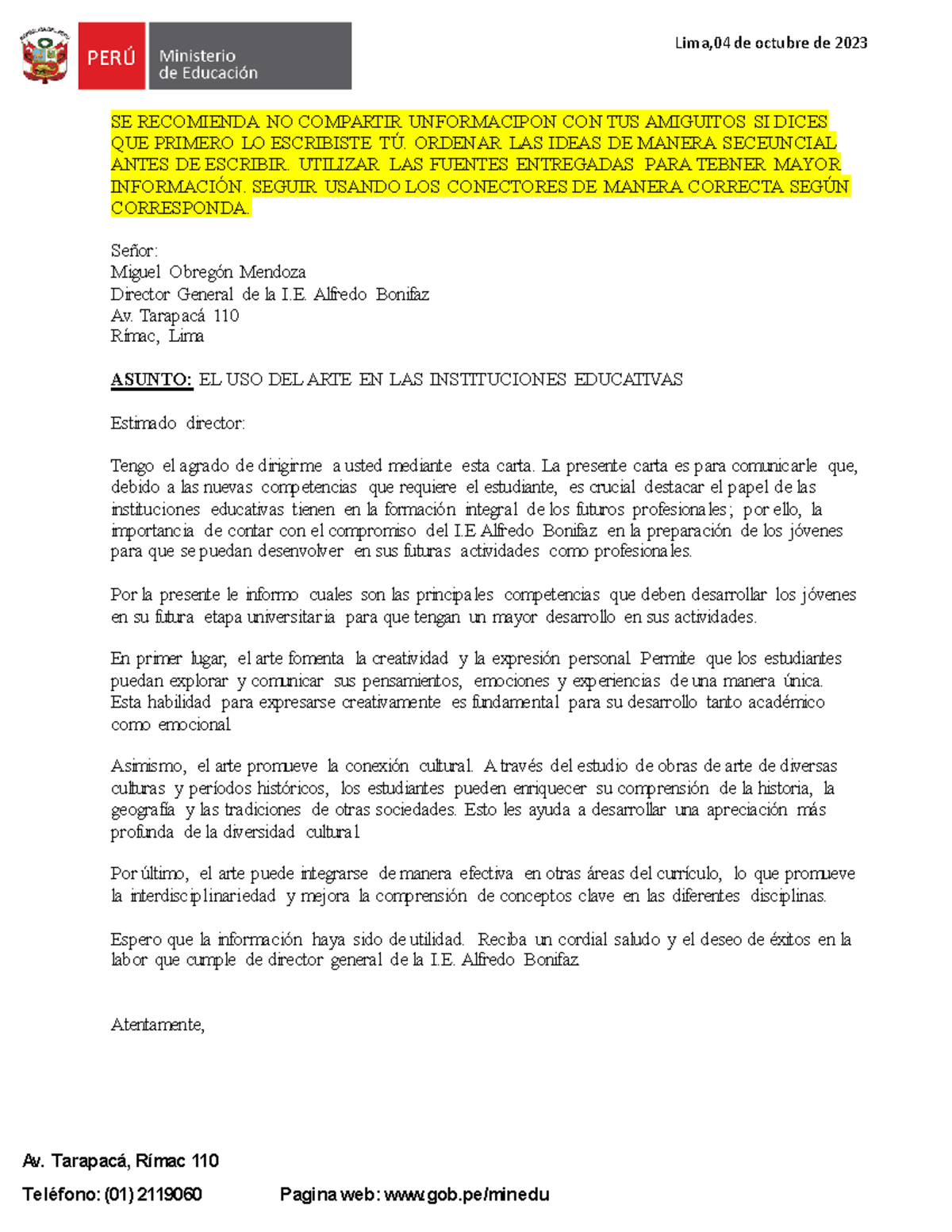 Carta Administrativa- Leonardo Perez Santiago - Lima,0 4 de octubre de ...