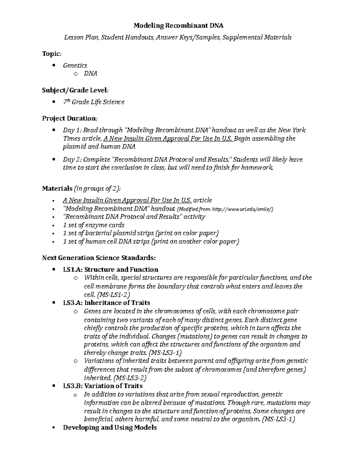 28. Recombinant DNA Lesson Plan - Modeling Recombinant DNA Lesson Plan ...