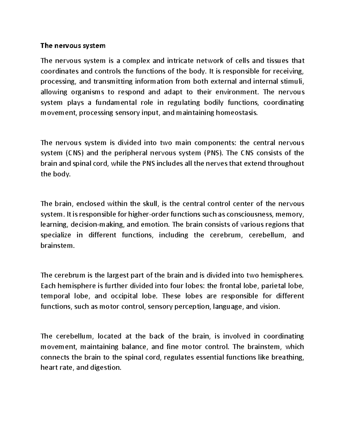 The nervous system - learning - The nervous system The nervous system ...