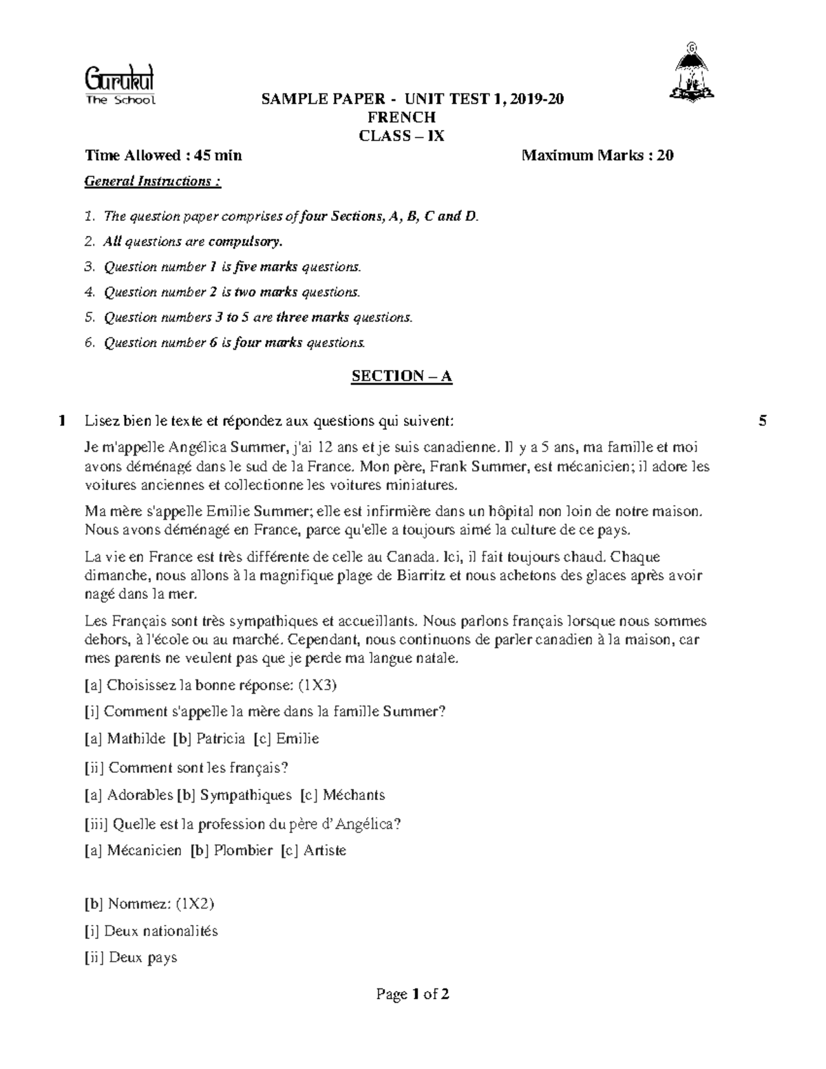 Sample Paper UT1 French 9 - Page 1 of 2 SAMPLE PAPER - UNIT TEST 1 ...