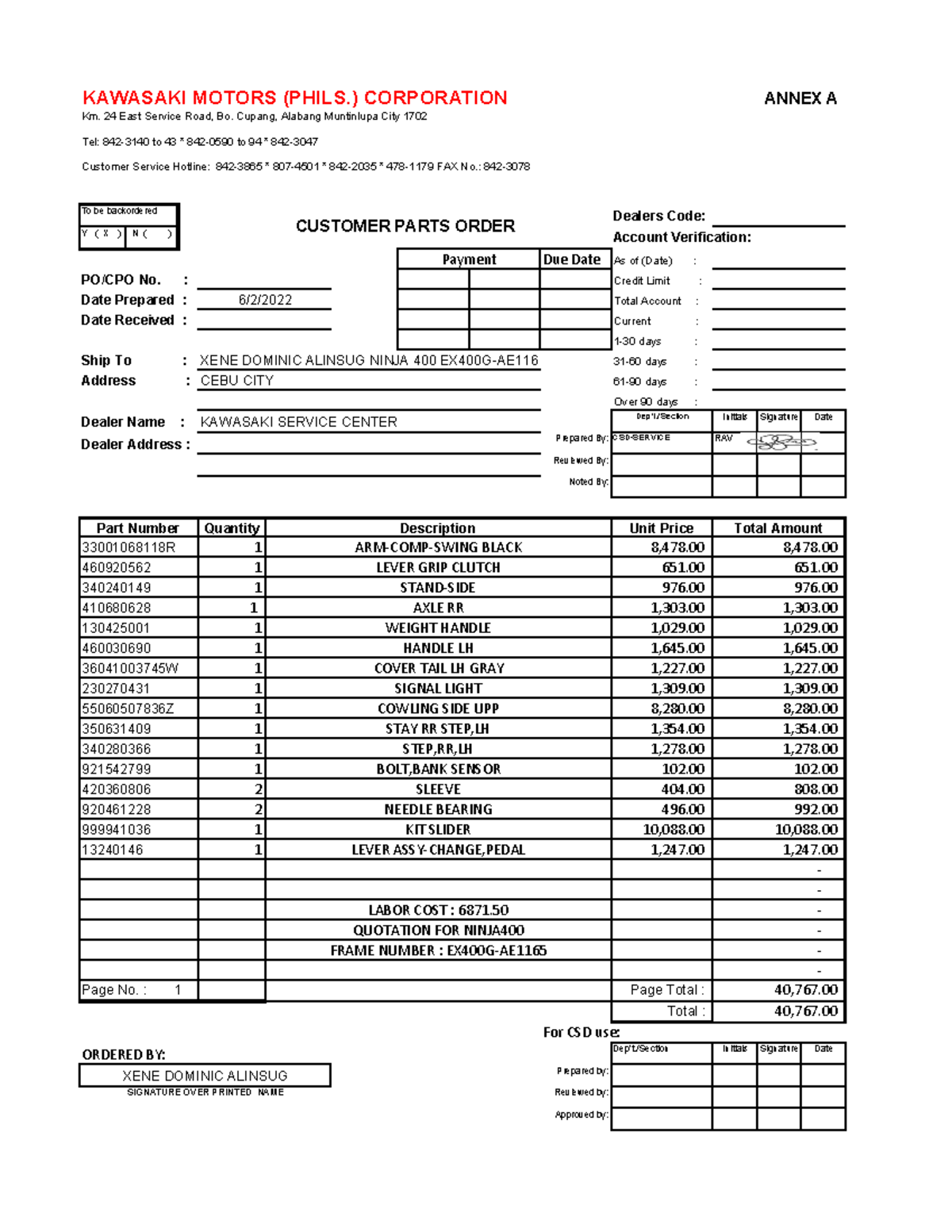 Part Quotation - Insurance analysis - KAWASAKI MOTORS (PHILS ...
