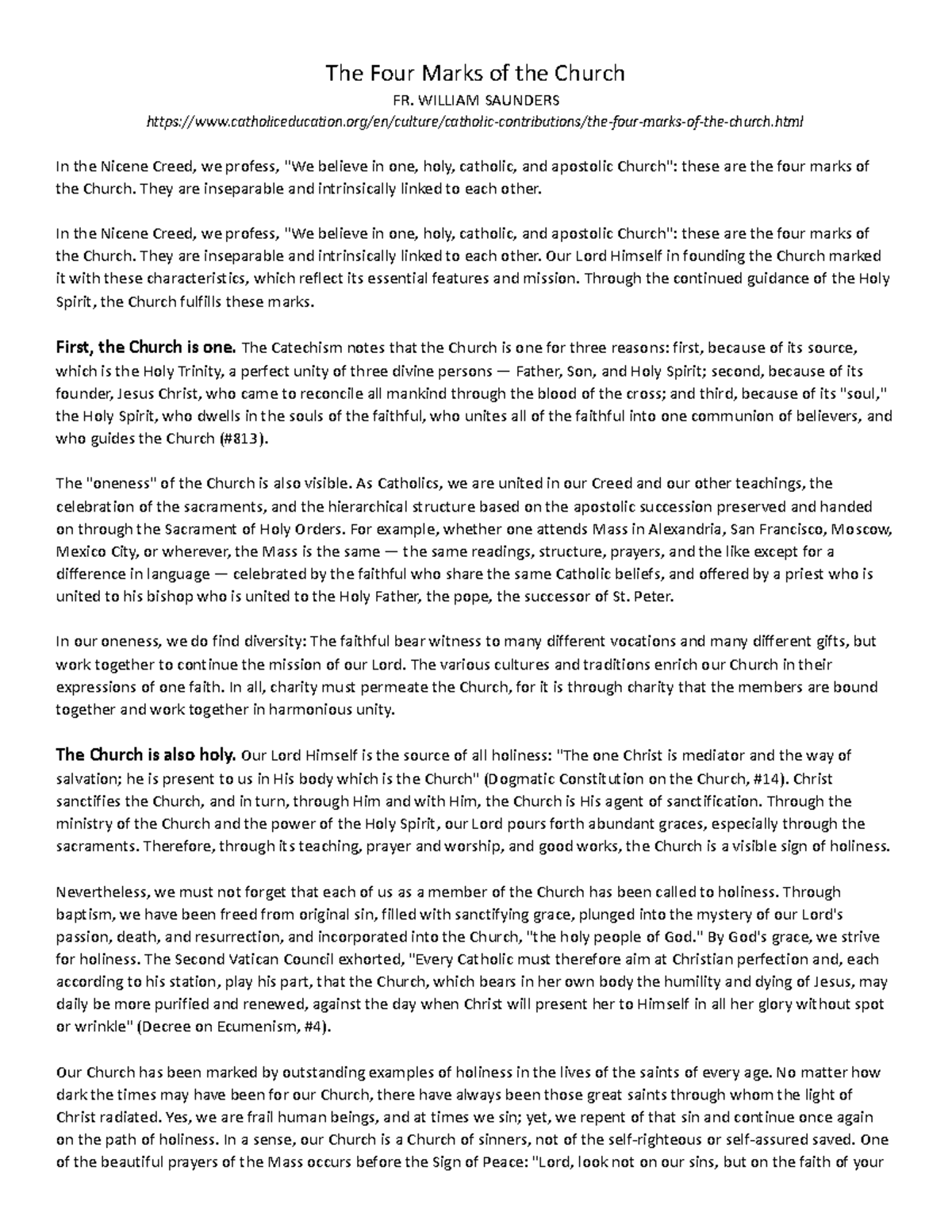 4 Marks OF THE Church - The Four Marks of the Church FR. WILLIAM ...