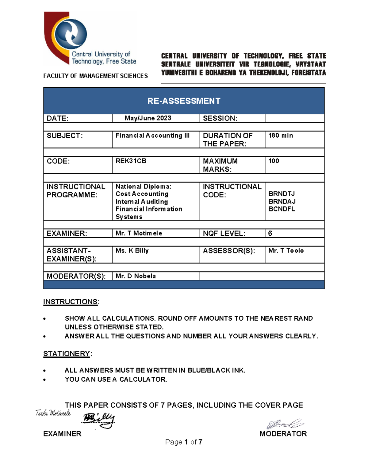 Question Paper Financial Accounting REK31CB Re-assess 2023 (002 ...