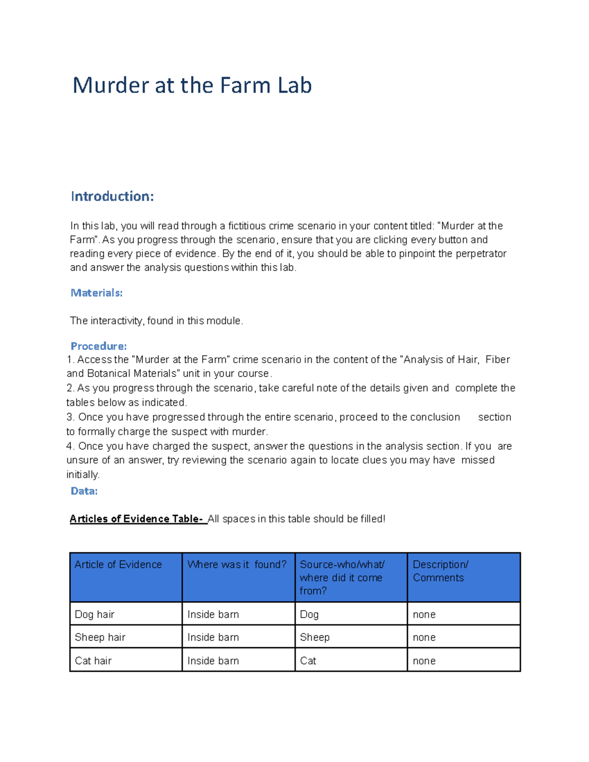 Ryley Huslig - GVS Murder Farm Lab Handout - Murder at the Farm Lab ...