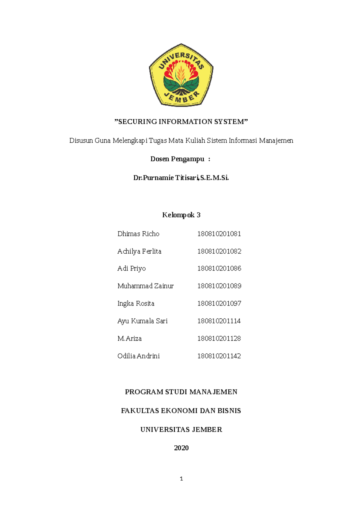 Kelompok 3 Securing Information Systems SIM A - ”SECURING INFORMATION ...