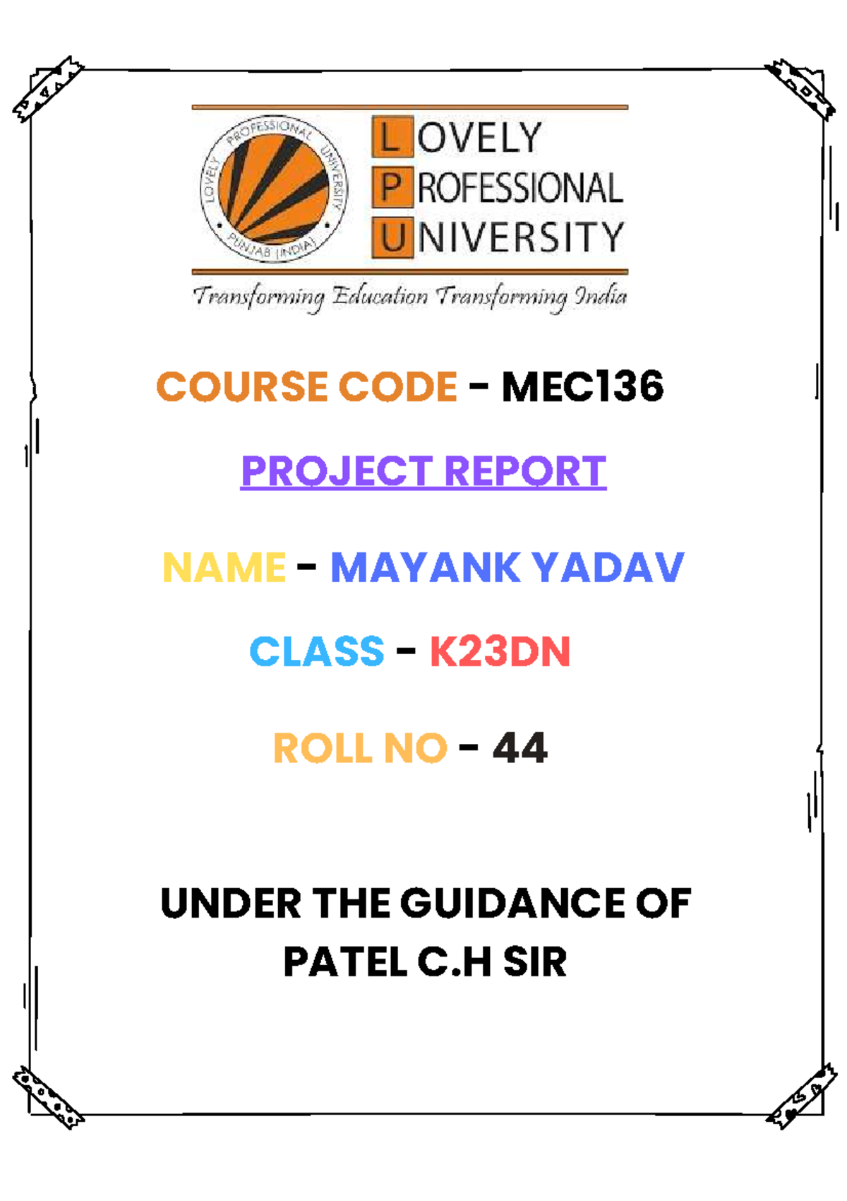 Home Assignment - Engineering graphics and digital fabrication - COURSE CODE - MEC PROJECT ...