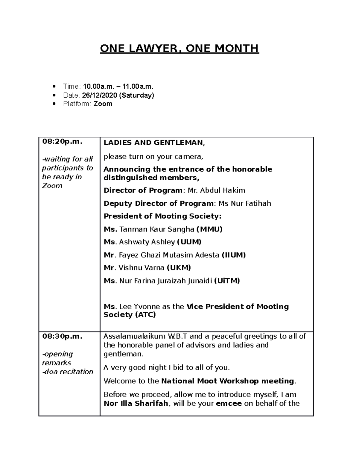 Emcee Script - ONE LAWYER, ONE MONTH Time: 10.00a. – 11.00a. Date: 26 ...