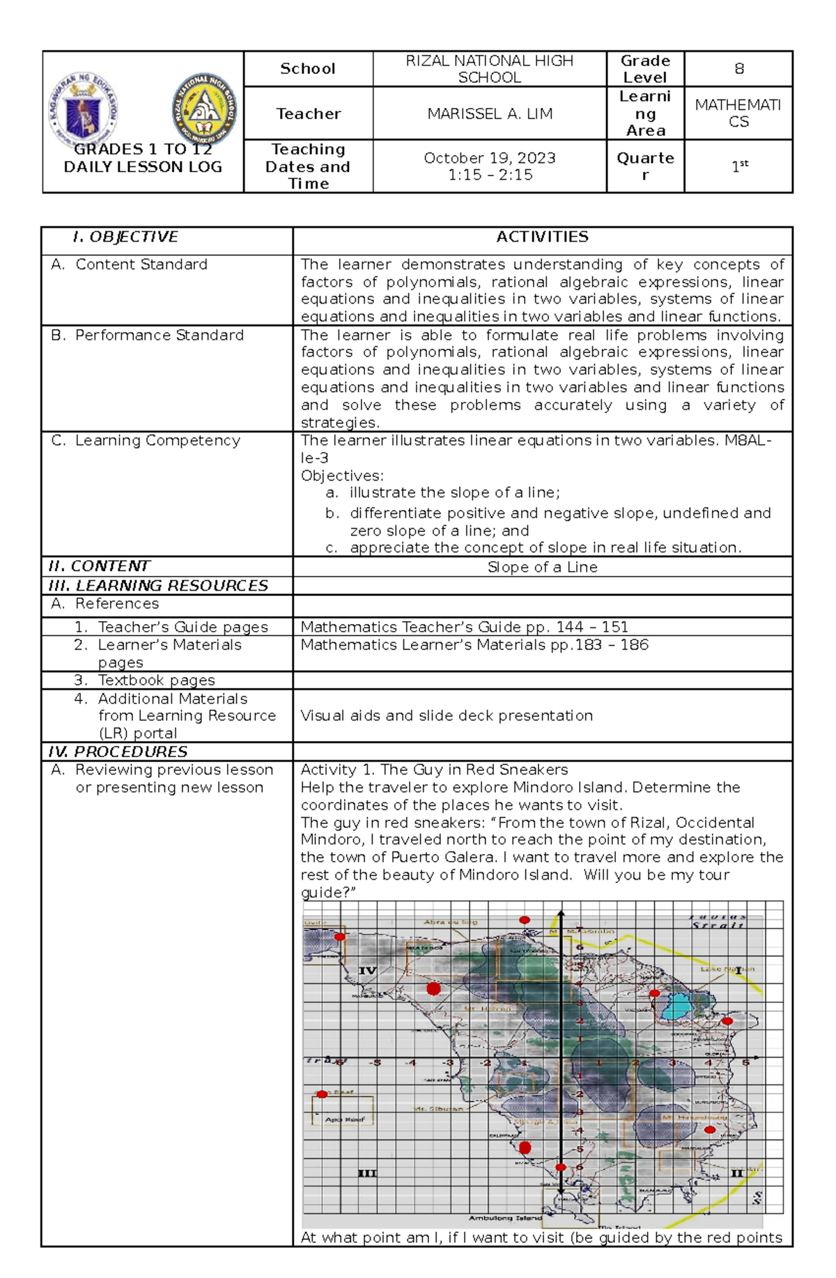 CO 1 2023 092929 - Math LP - School RIZAL NATIONAL HIGH SCHOOL Grade Level 8 Teacher MARISSEL A ...