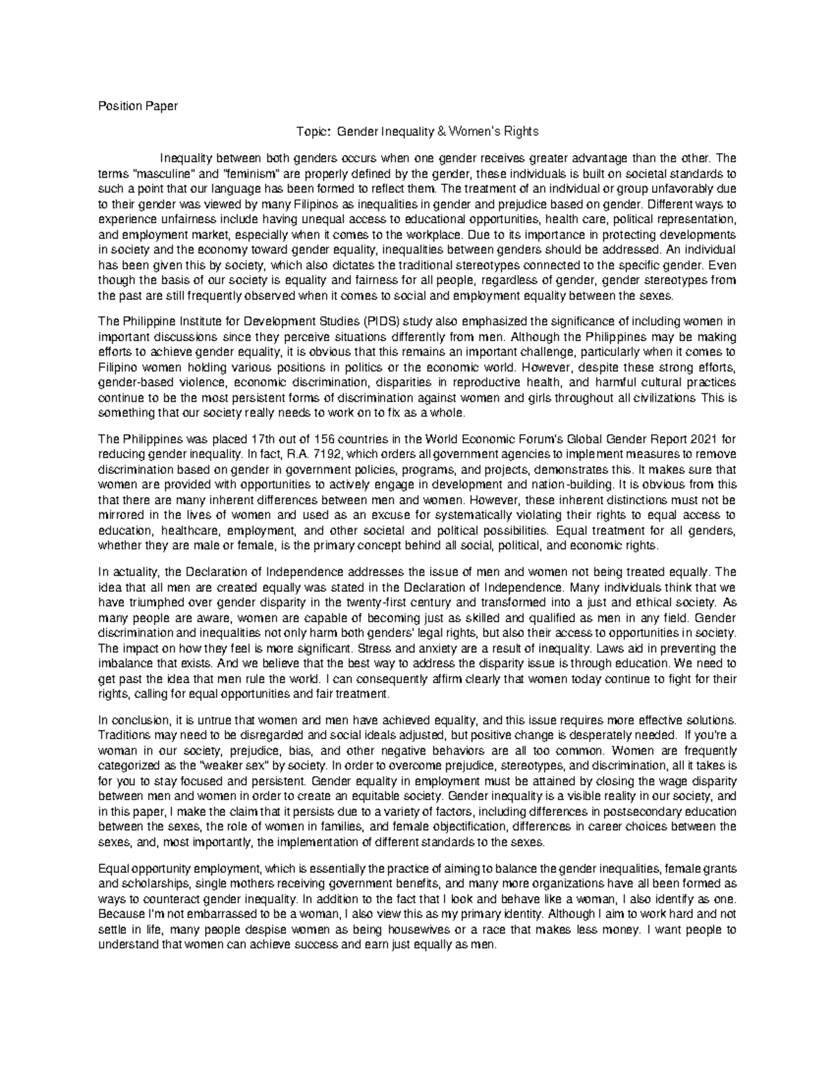 Position Paper - essay - Position Paper Topic: Gender Inequality ...