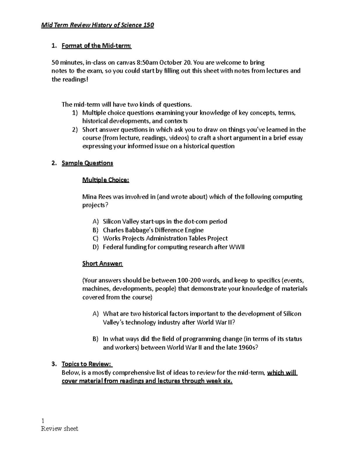 150 Midterm Review Sheet - Format of the Mid-term: 50 minutes, in-class ...