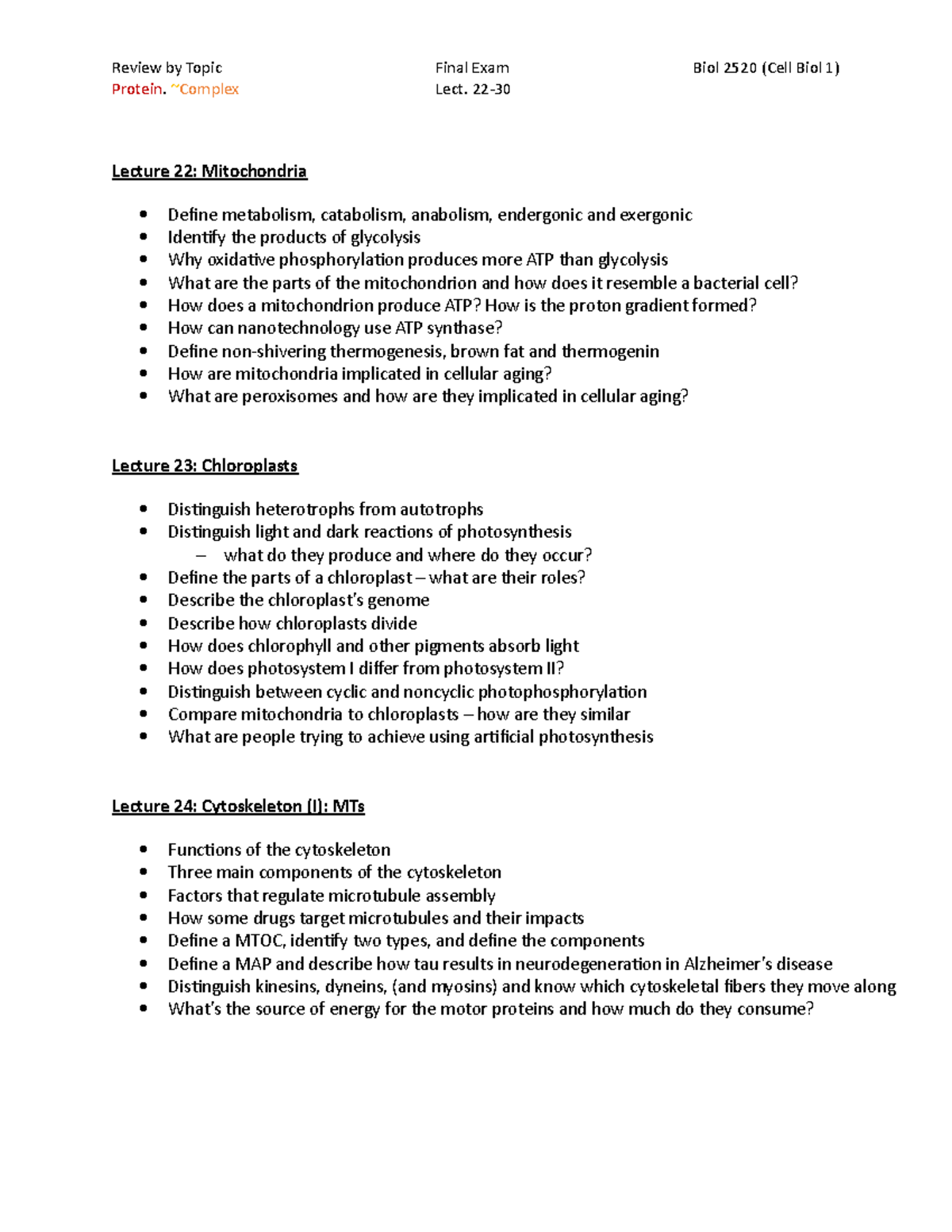 Final - Review By Topic - Review by Topic Final Exam Biol 2520 (Cell ...