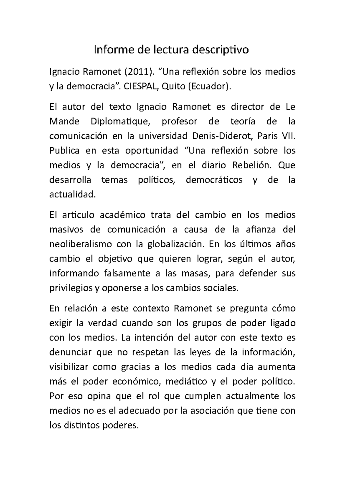 Informe de lectura descriptivo - Informe de lectura descriptivo Ignacio ...