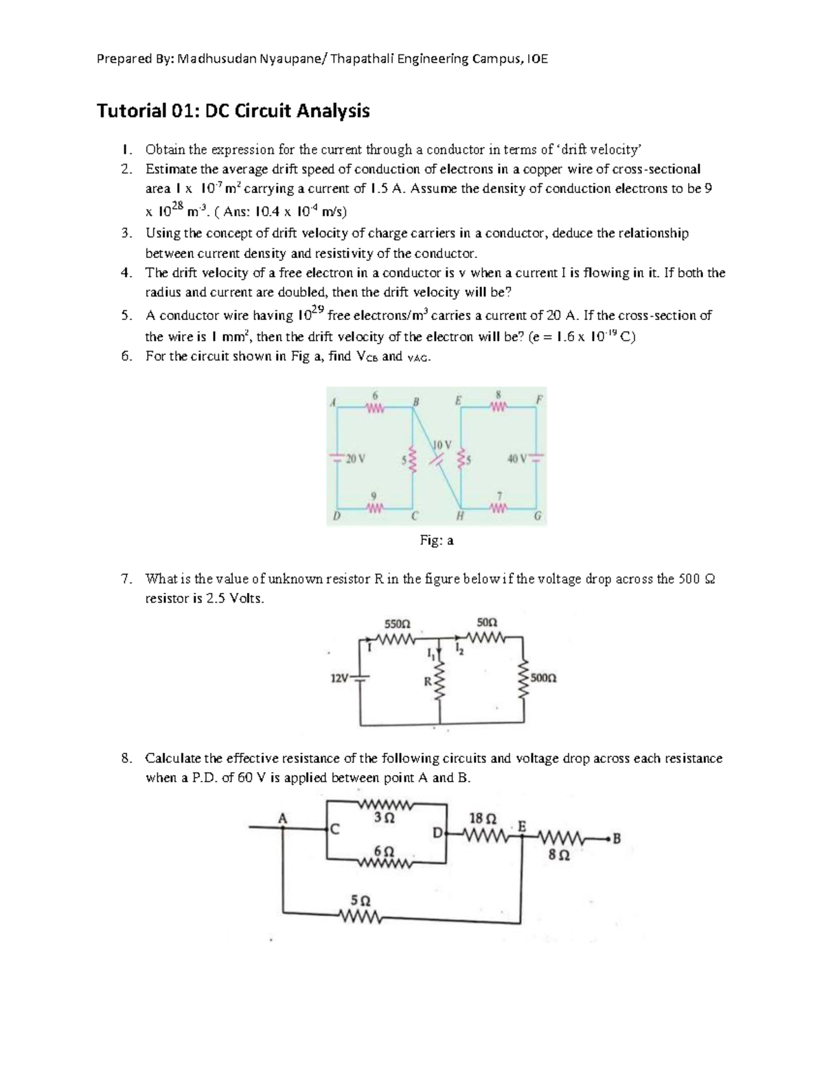 Tutorial 01 BEEE - Tutorial 01: DC Circuit Analysis Obtain the expression for the current ...