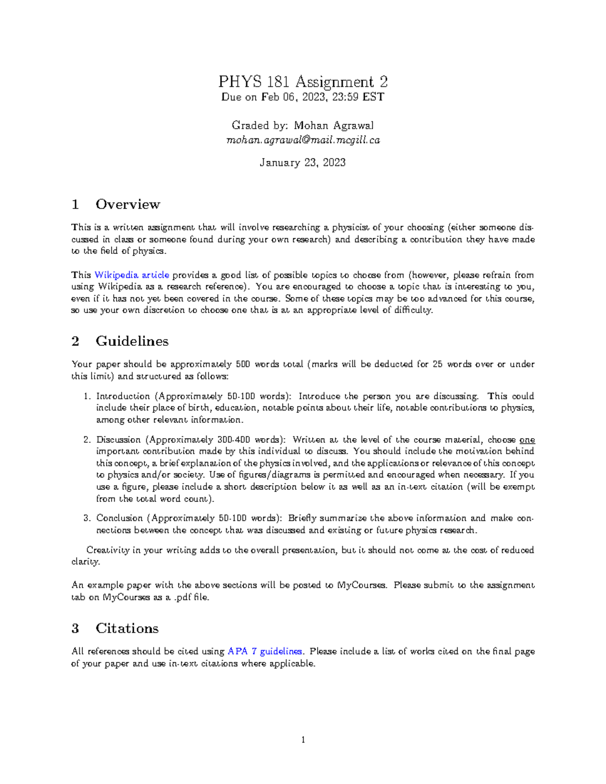 PHYS 181 A2 2023-1 - first assignment given - PHYS 181 Assignment 2 Due on Feb 06, 2023, 23:59 ...