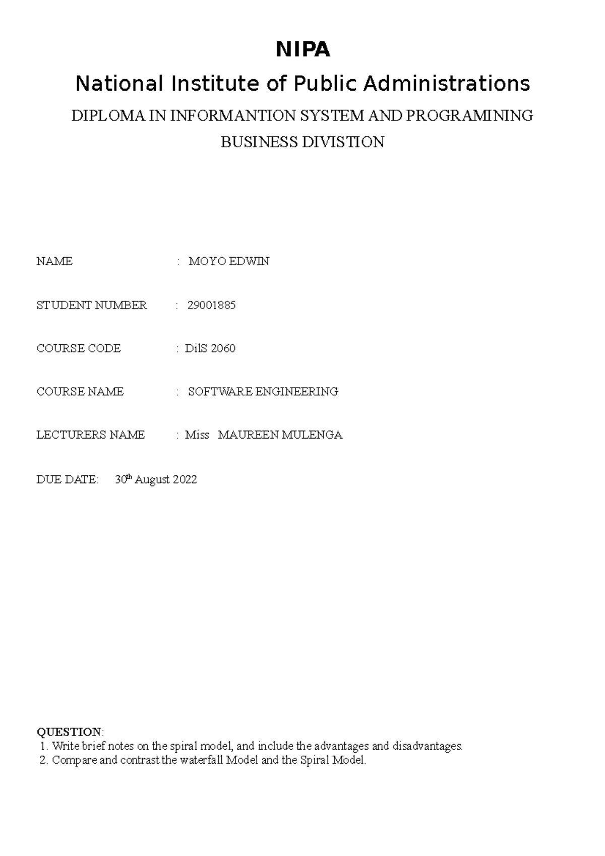 1 assignment - Mr bentry musonda - NIPA National Institute of Public ...