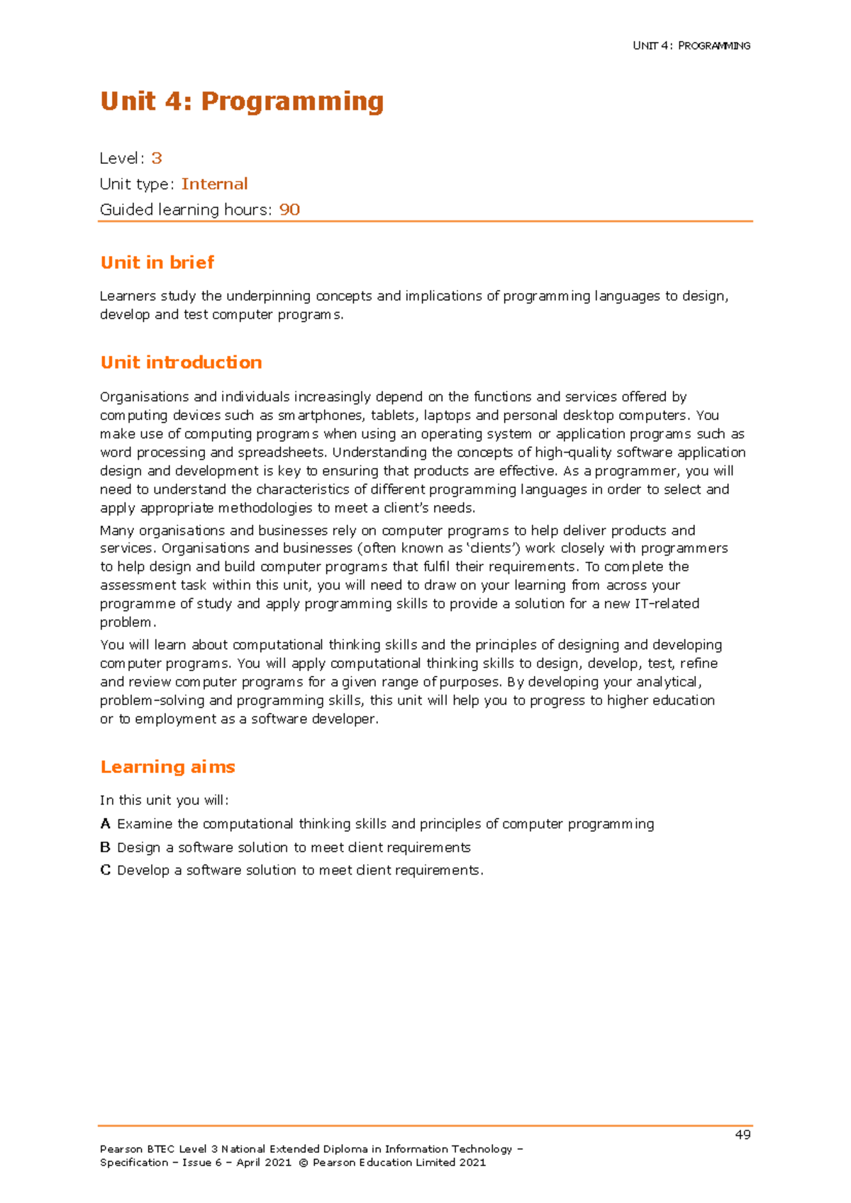 Unit 4 SPEC - unit 4 programming specification - 49 Pearson BTEC Level 3 National Extended ...