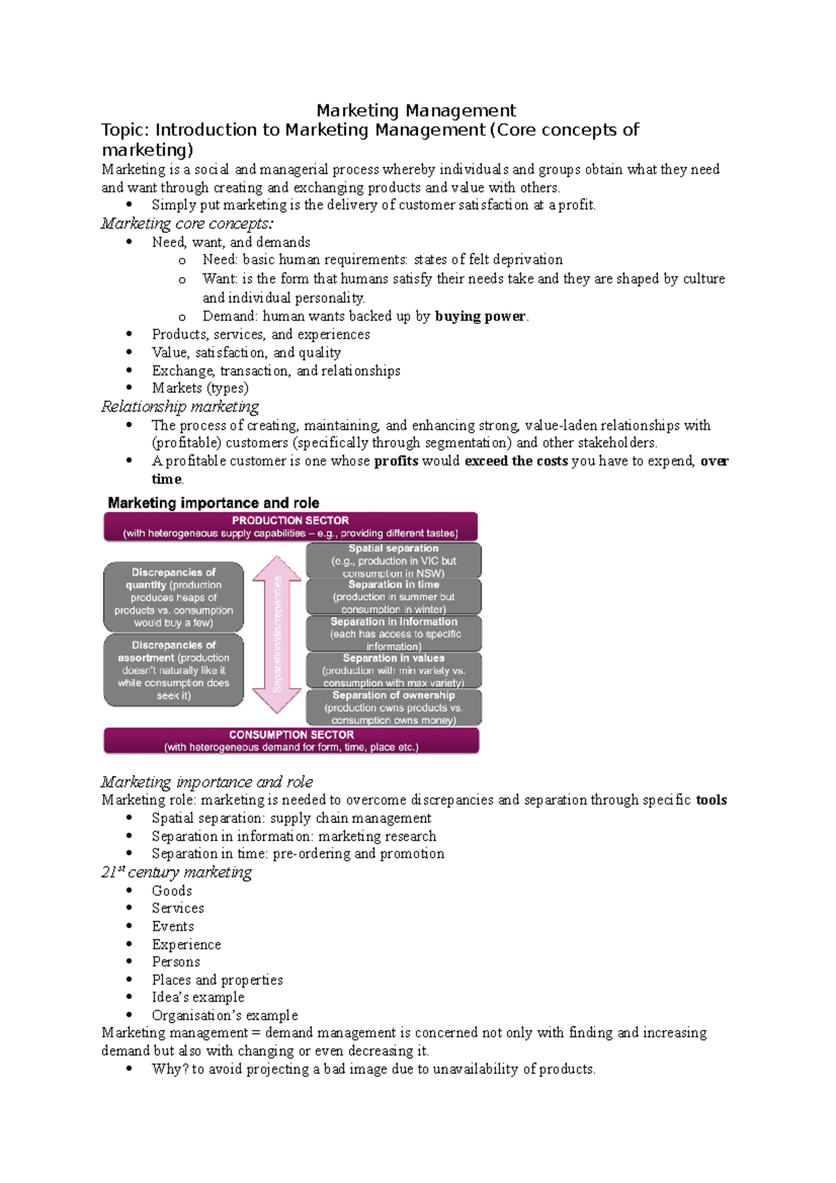 Marketing Management - Lecture notes 1-2 - Marketing Management Topic ...