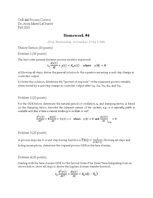 Process Control HW6 - ChE 446 Process Control Dr. Anna Marie LaChance Fall 2022 Homework (Due ...