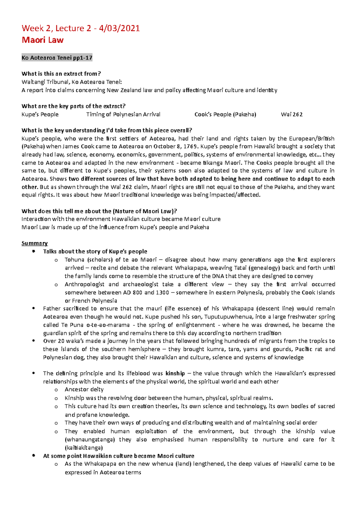 LAWS121 Week 2 Lecture 2 - Week 2, Lecture 2 - 4/03/ Maori Law Ko Aotearoa Tenei pp1- What is ...