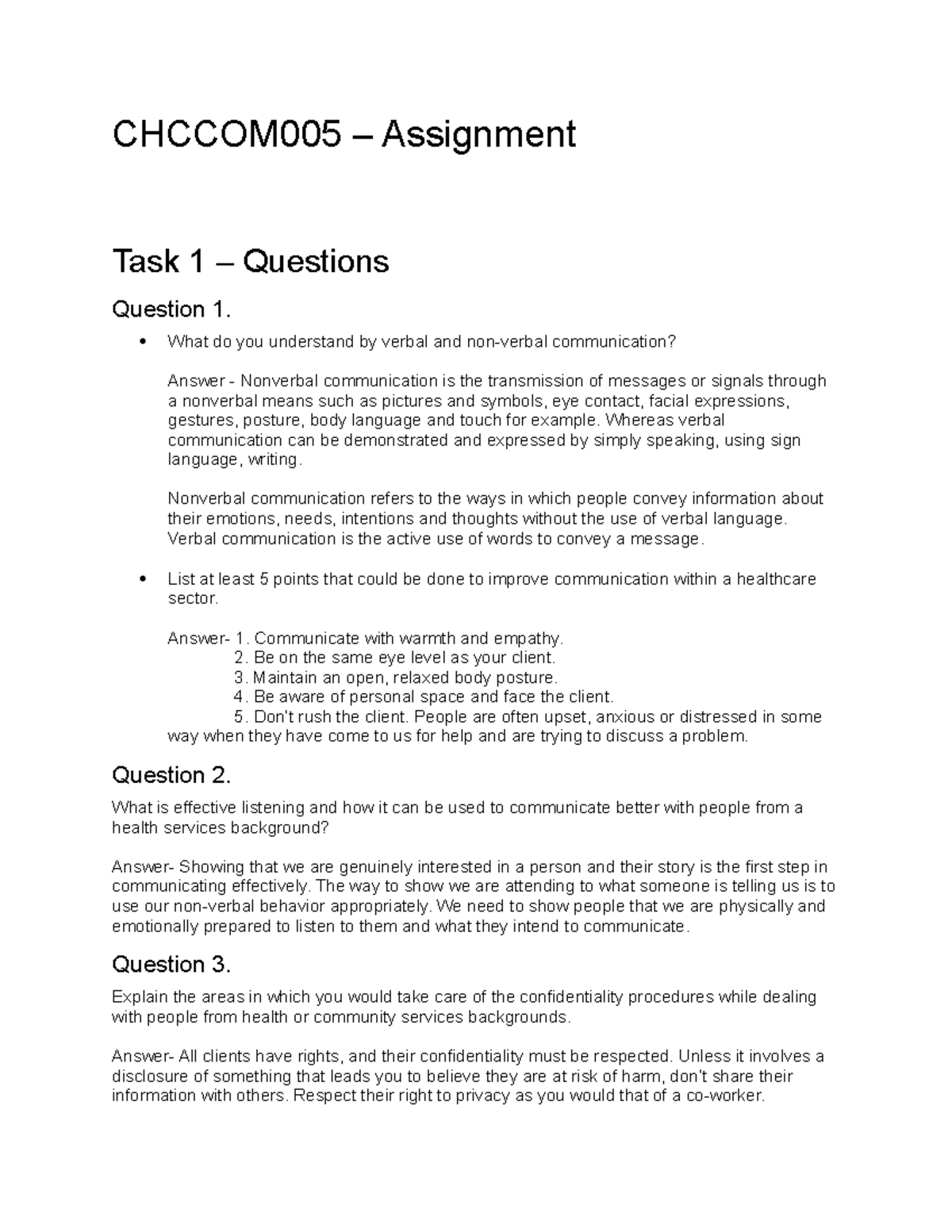 Chccom 005 Assessment Completed - CHCCOM005 – Assignment Task 1 – Questions Question 1. What do ...