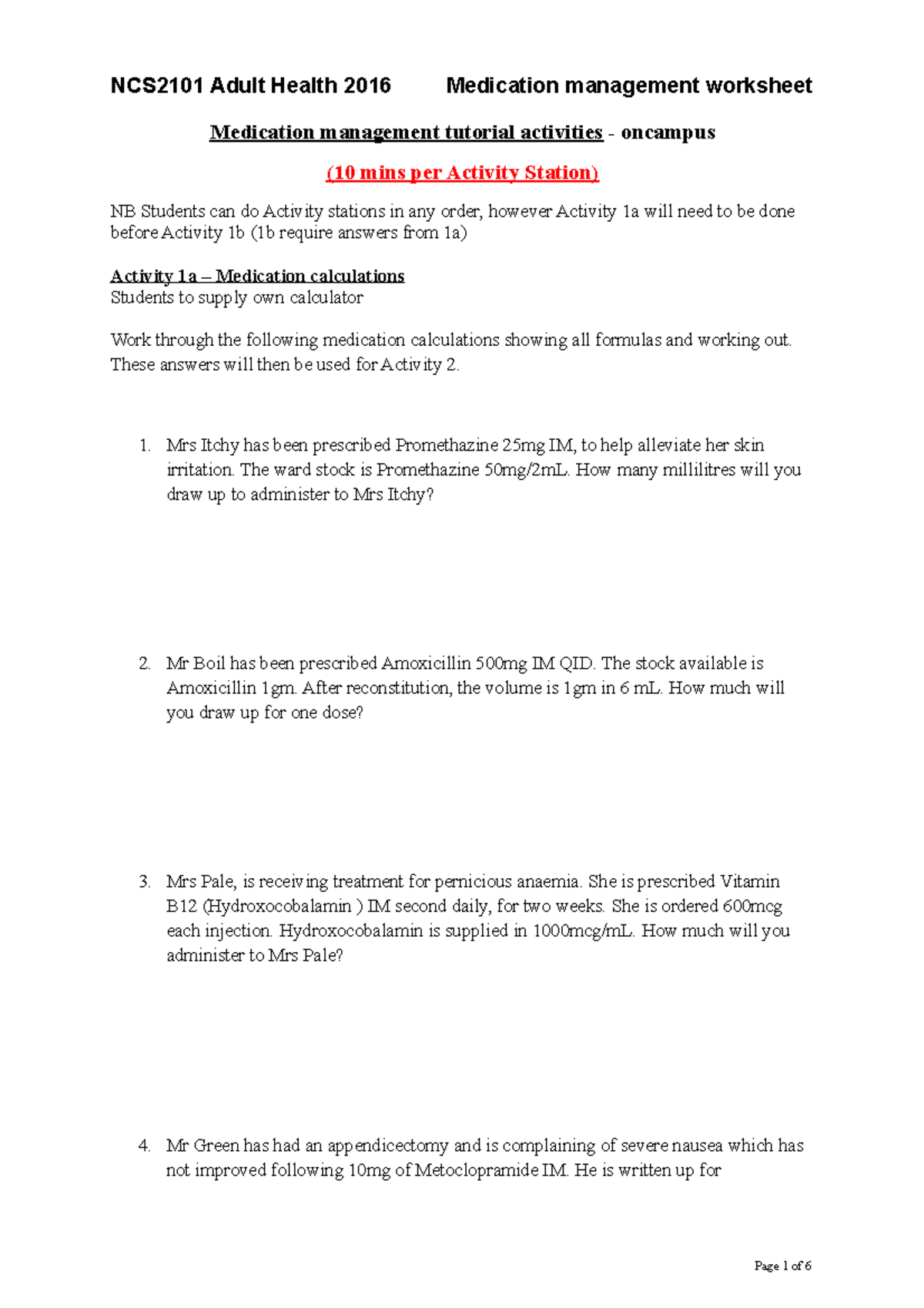 Medication management worksheet - oncampus students - NCS2101 Adult ...
