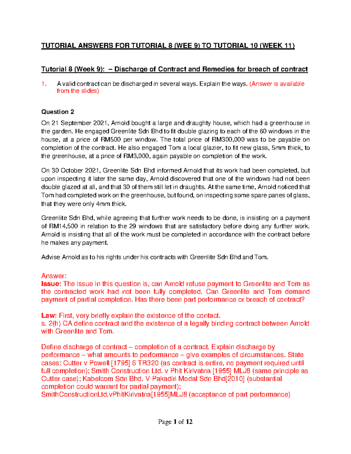 Answers Tutorial 8 TO 10 - TUTORIAL ANSWERS FOR TUTORIAL 8 (WEE 9 ) TO TUTORIAL 10 (WEEK 11 ...