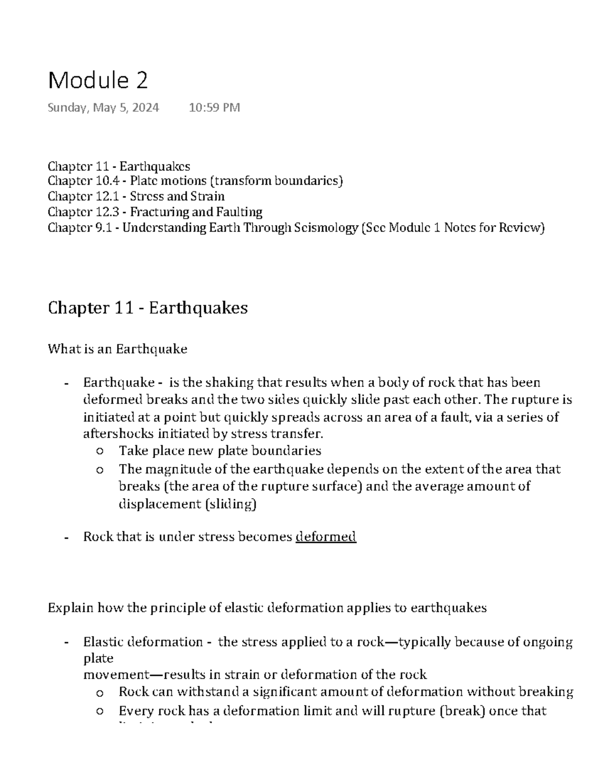 ERTH2012 Module 2 Textbook Notes - Chapter 11 - Earthquakes Chapter 10 ...