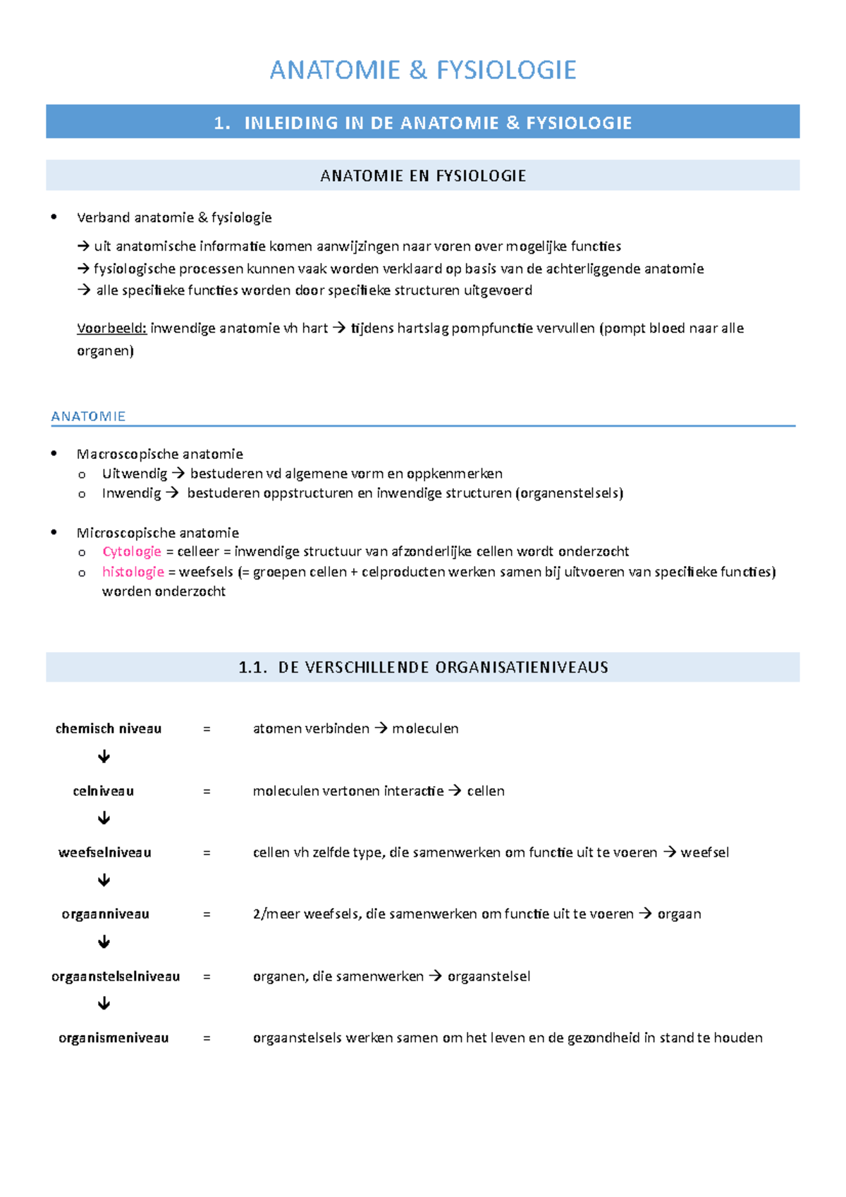 Samenvatting H1 - ANATOMIE & FYSIOLOGIE 1. INLEIDING IN DE ANATOMIE & FYSIOLOGIE ANATOMIE EN ...