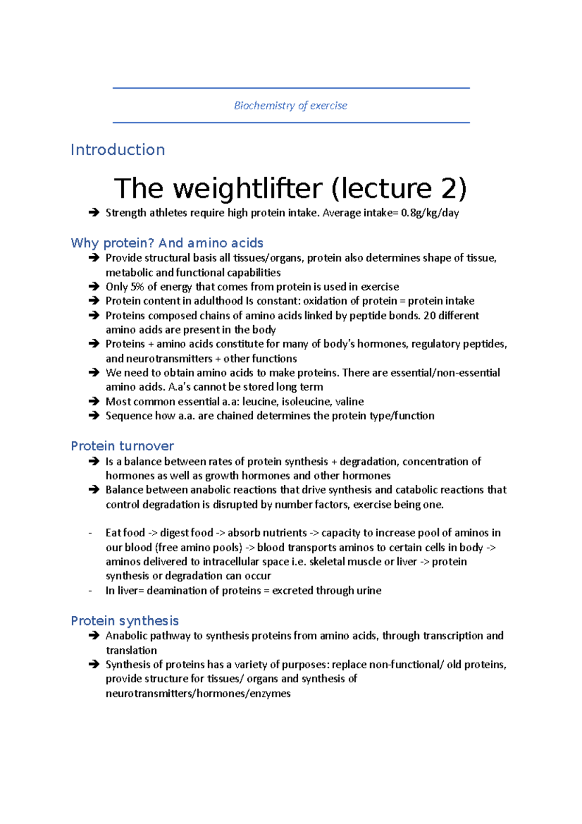 Biochemistry of exercise notes - Biochemistry of exercise Introduction ...