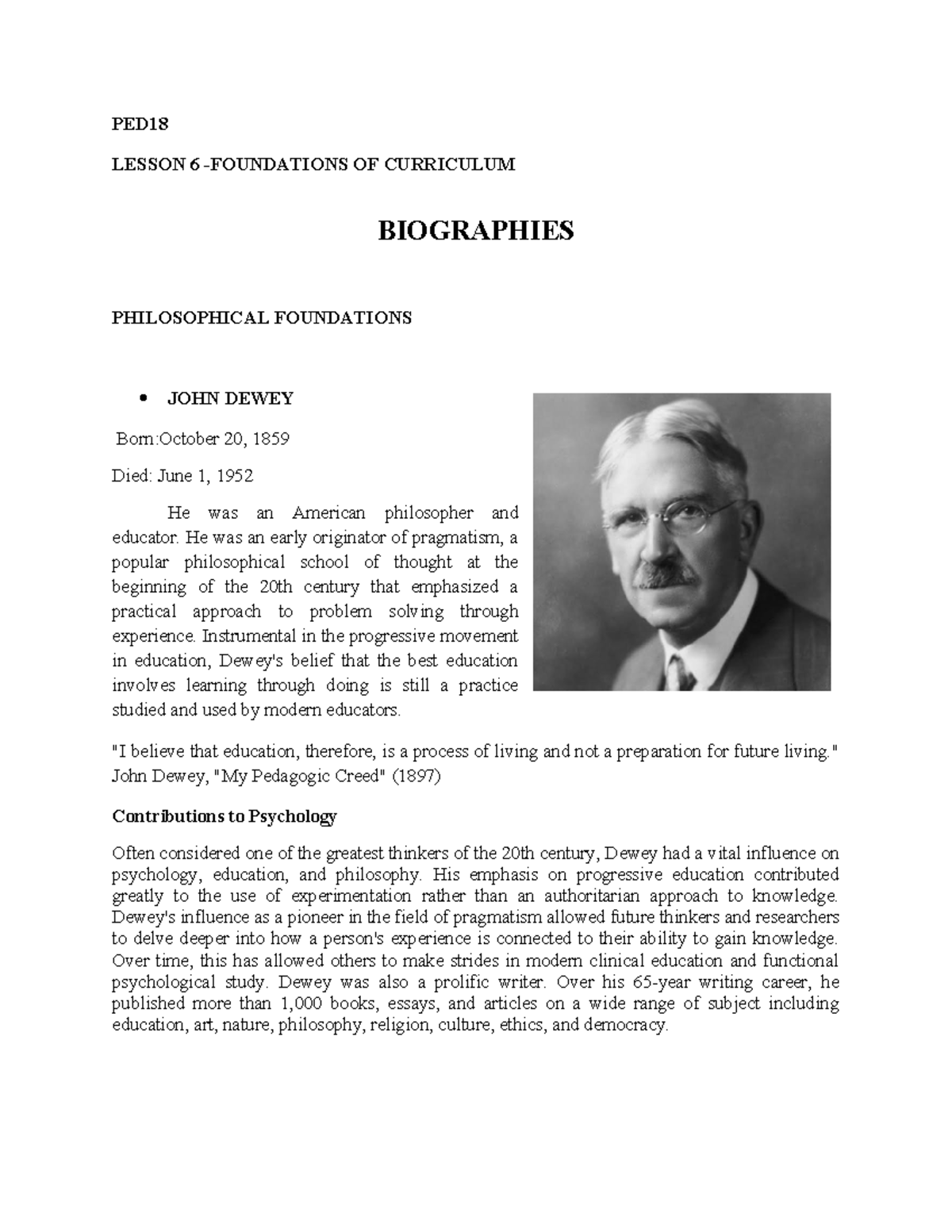 Act. 1 Bioraphies - BIOGRAPHIES - PED LESSON 6 -FOUNDATIONS OF ...