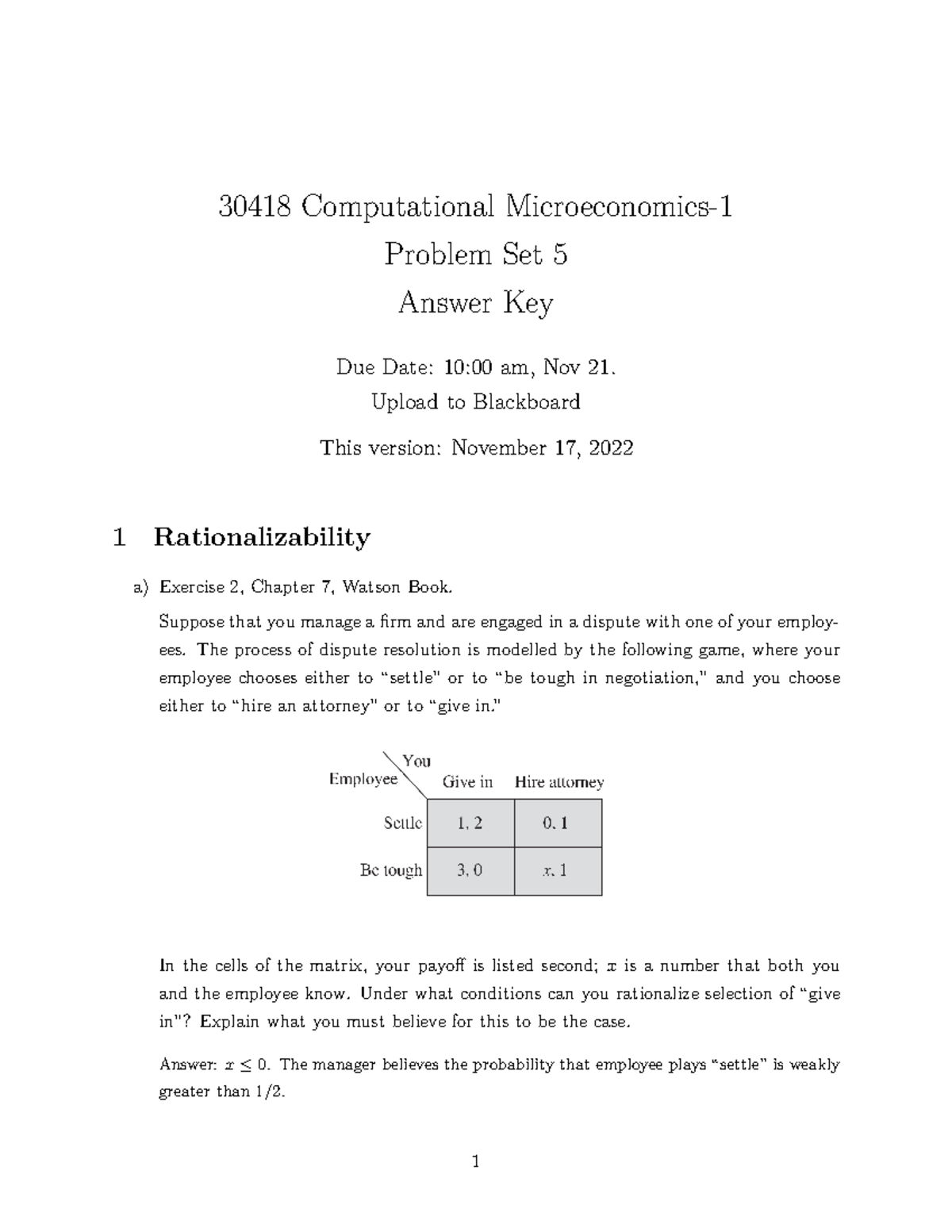 PS5 solutions - Problem set - 30418 Computational Microeconomics- Problem Set 5 Answer Key Due ...