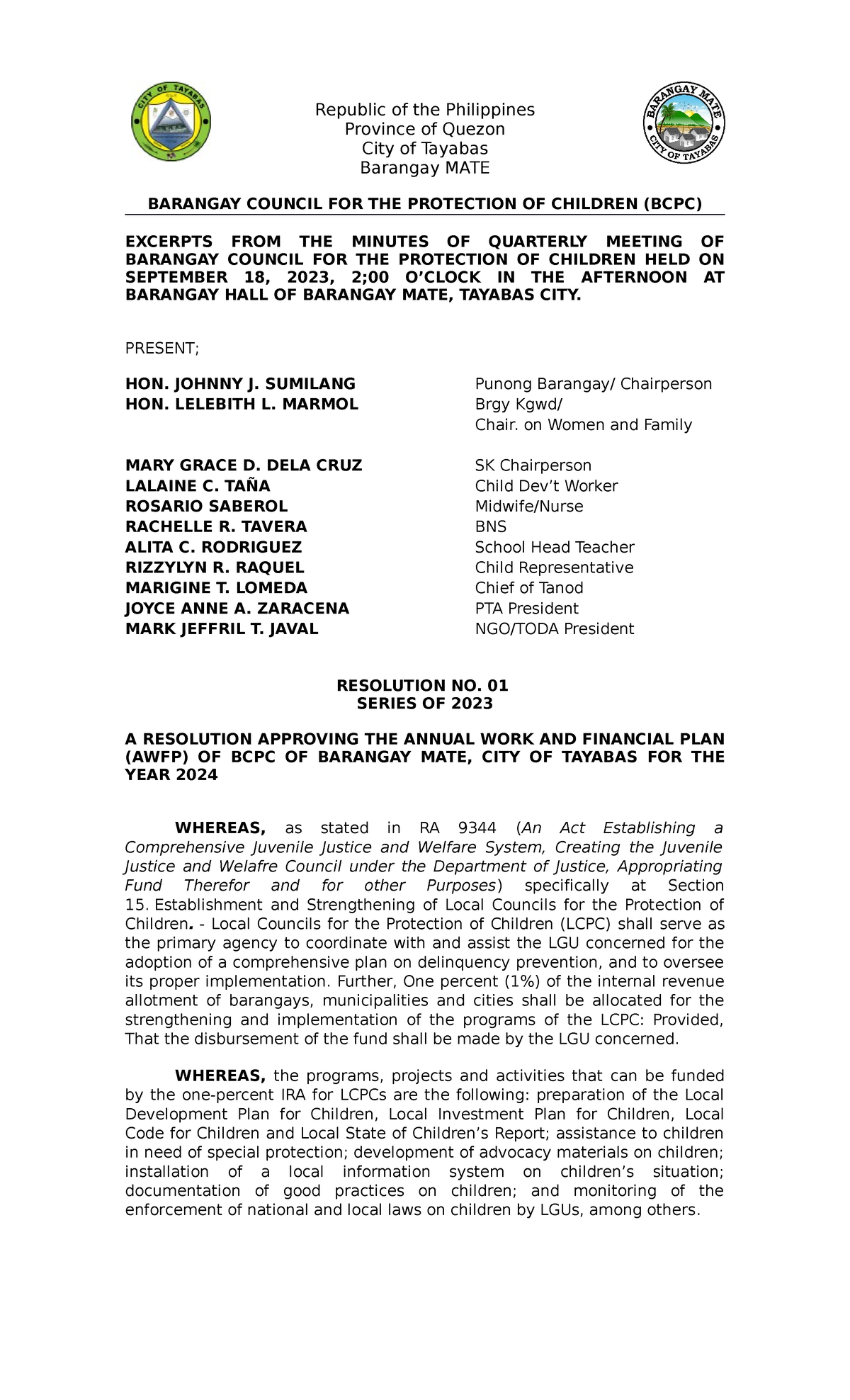 Reso AWFP 2023 01 - Republic of the Philippines Province of Quezon City ...