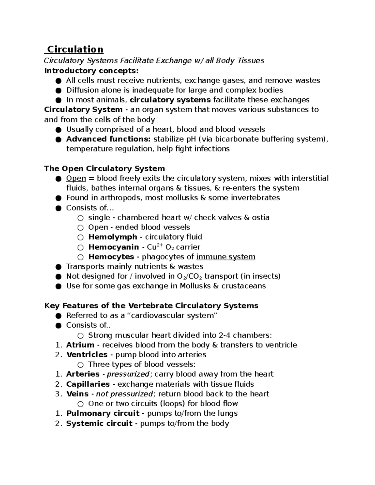 Ch. 23 Biology 1040 - Circulation Circulatory Systems Facilitate ...