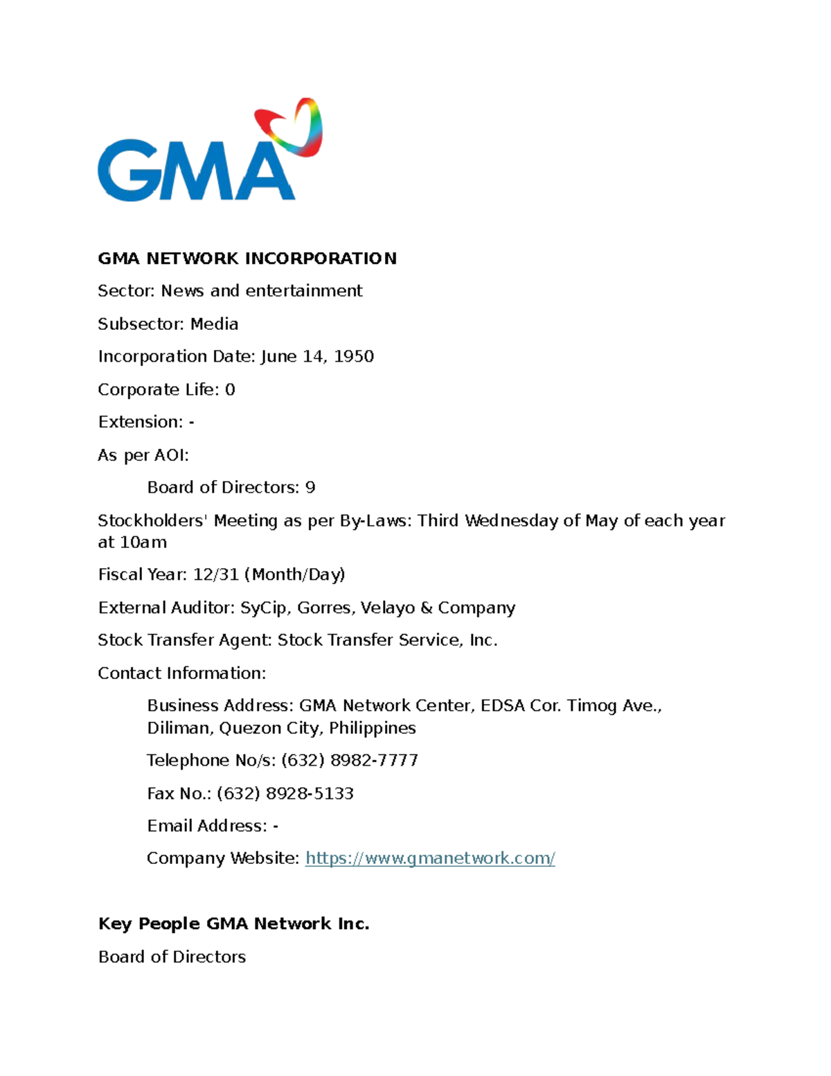 GMA Network Incorporation - GMA NETWORK INCORPORATION Sector: News and ...