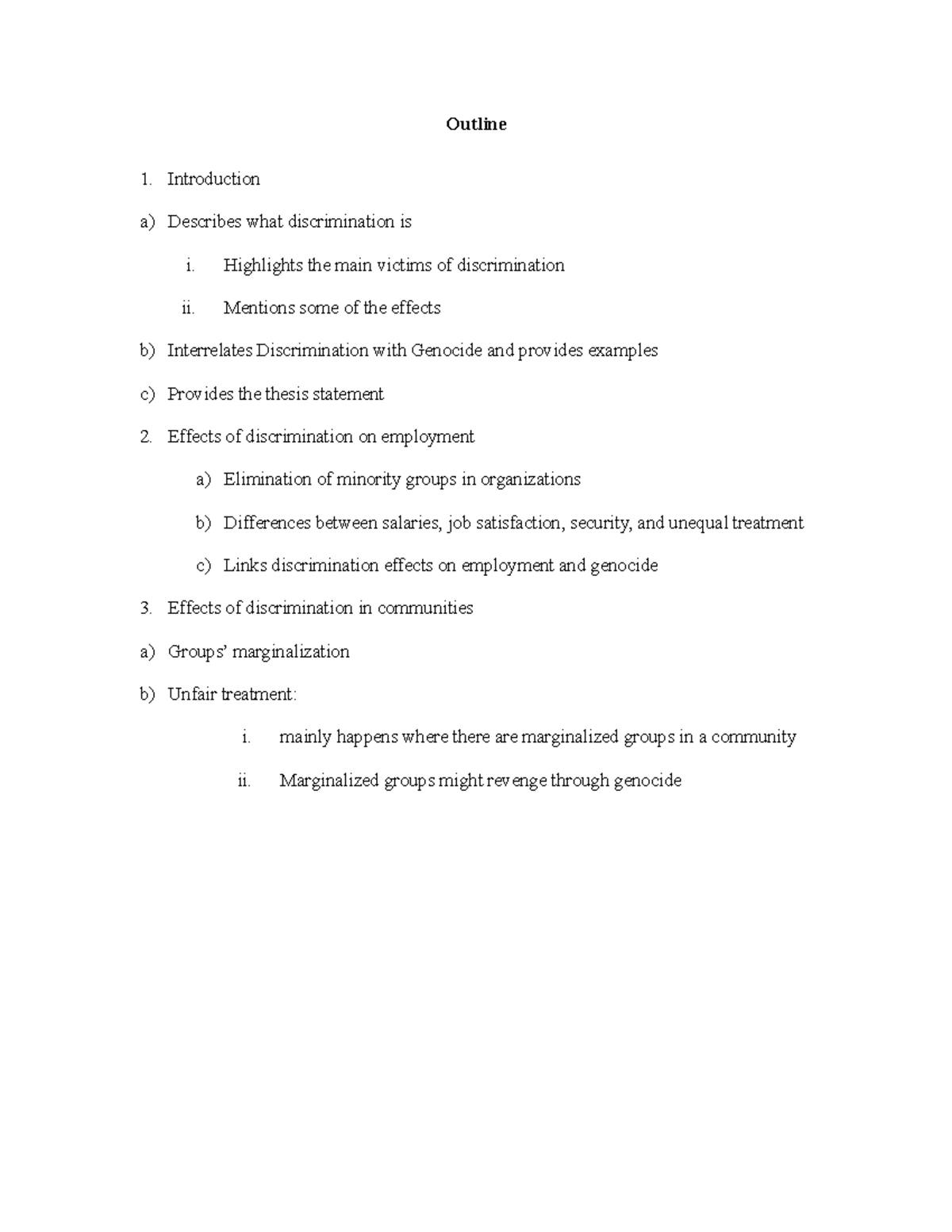 Outline discrimination english 101 - Outline Introduction a) Describes ...