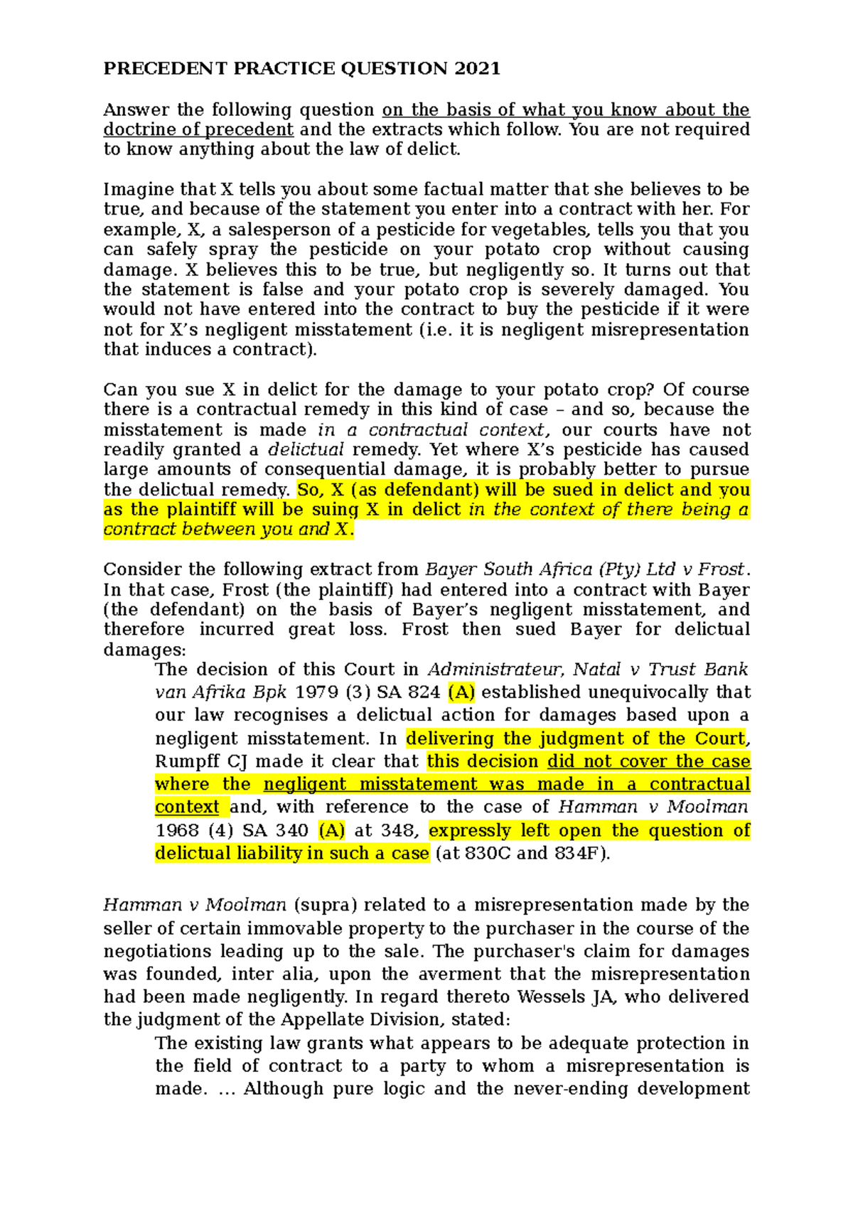 Precedent Practice Question 1 2021 - PRECEDENT PRACTICE QUESTION 2021 ...