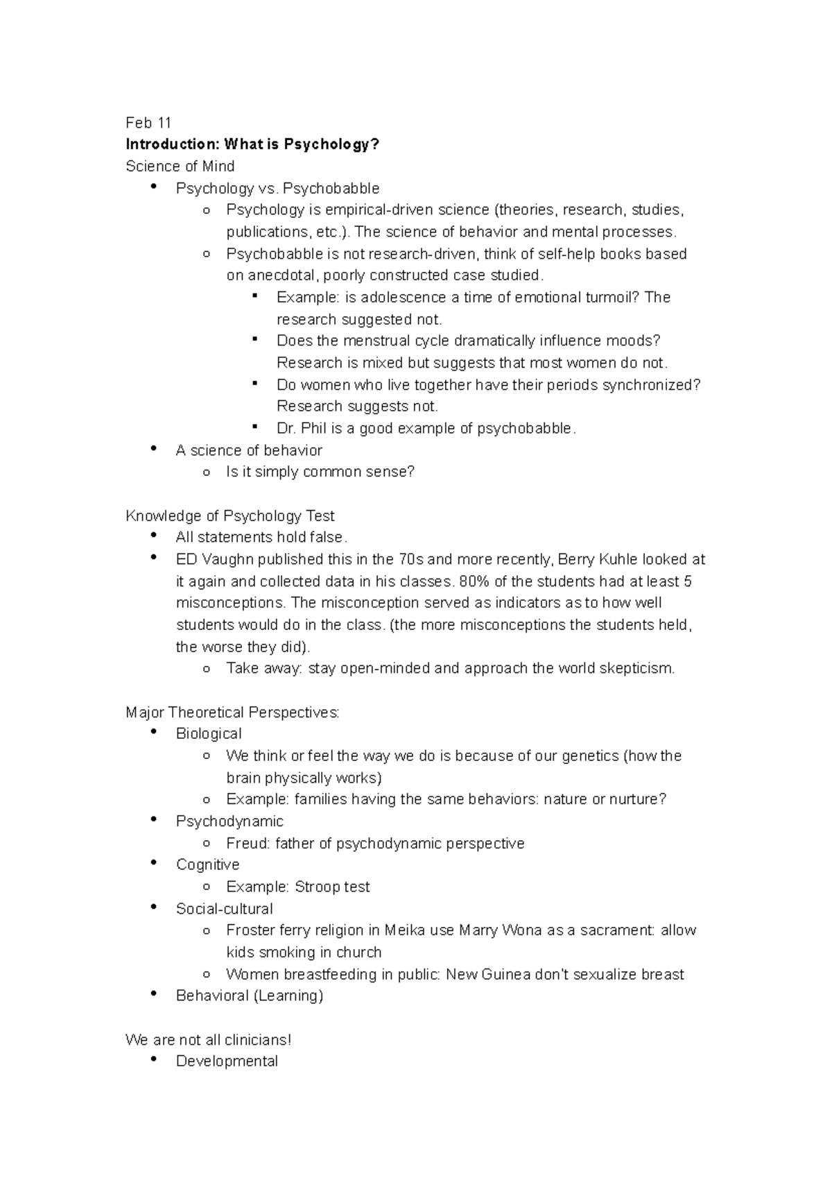 Psyc 111 Introduction - Lecture notes 1 - Feb 11 Introduction: What is ...