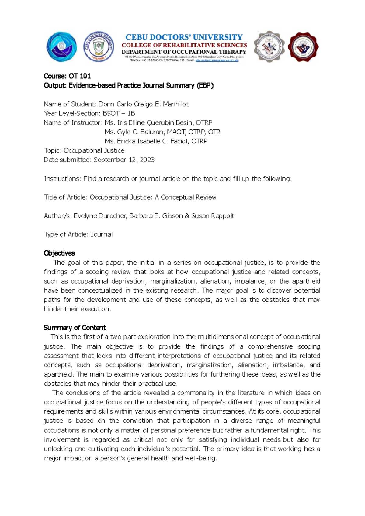 OT 101 Evidence-based Practice Journal Summary - Course: OT 101 Output ...
