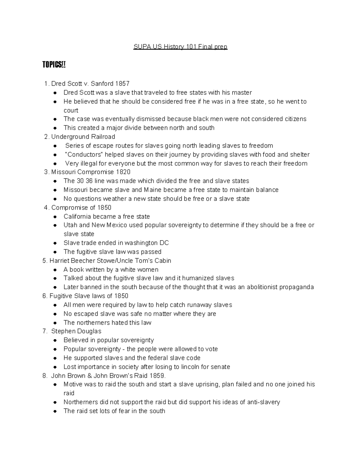 AMERICAN HISTORY Final Review - SUPA US History 101 Final prep TOPICS ...