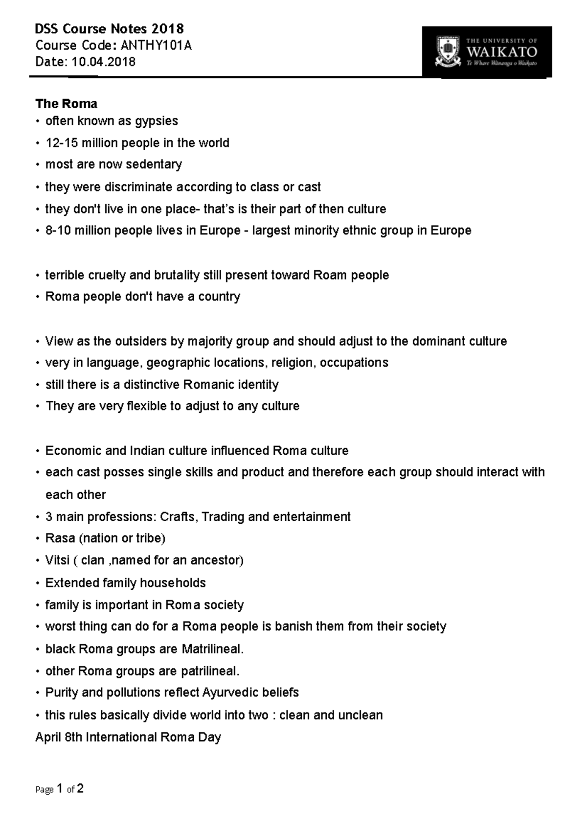 10 - Lecture notes 10 - DSS Course Notes 2018 Course Code: ANTHY101A ...